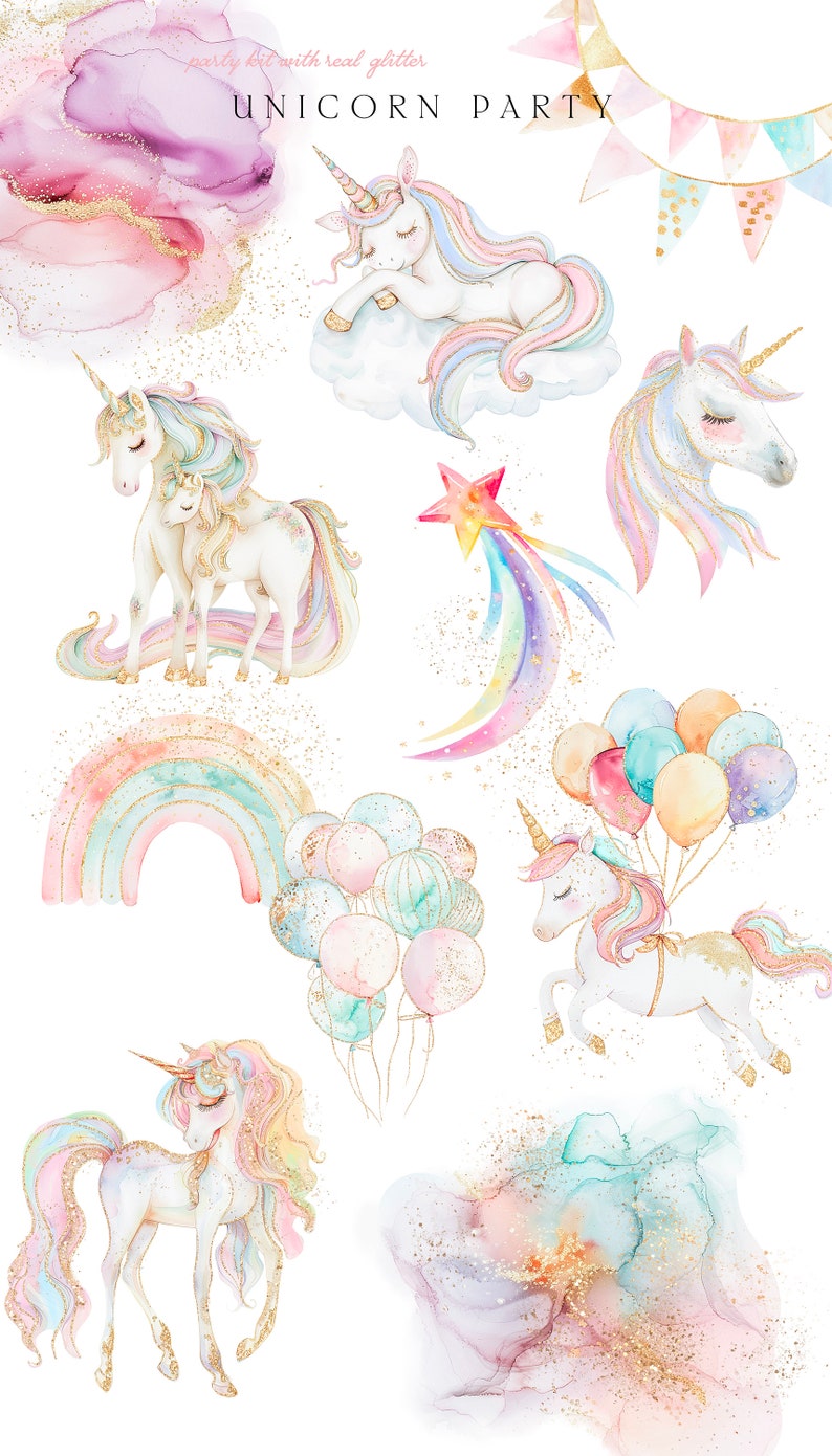 Unicorn Party Clipart - Pastel Unicorns - Watercolor Unicorn Collection ...