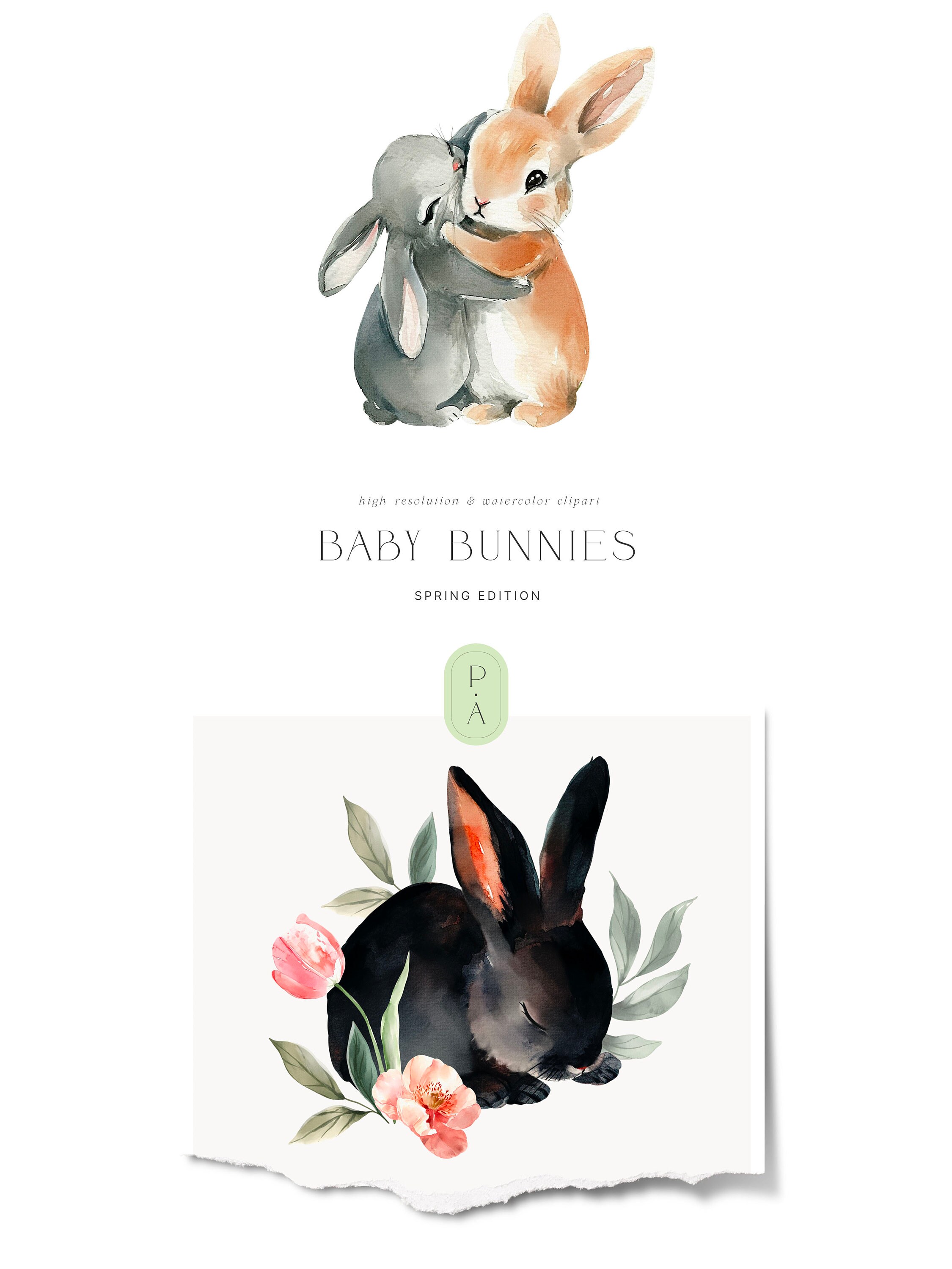 Watercolor Baby Bunnies Clipart Set Spring Bunnies Spring Florals ...