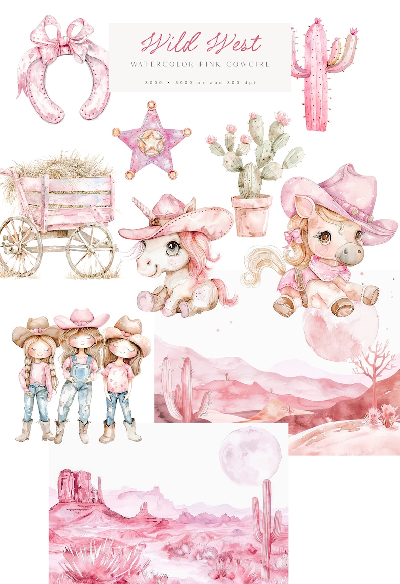 Pink Cowgirl Clipart Wild West Clipart Watercolor Cowgirl Clipart Set ...