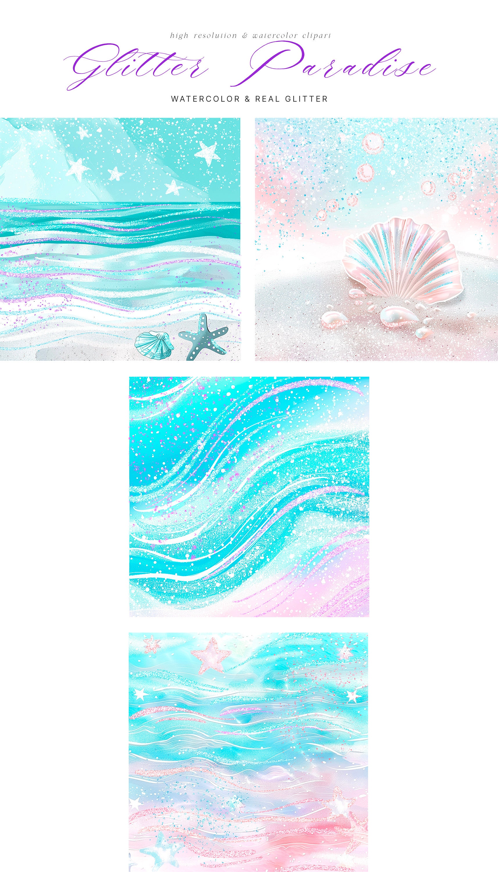 Glittery Sea Creatures Watercolor Clipart - Ocean Clipart - Clipart for ...