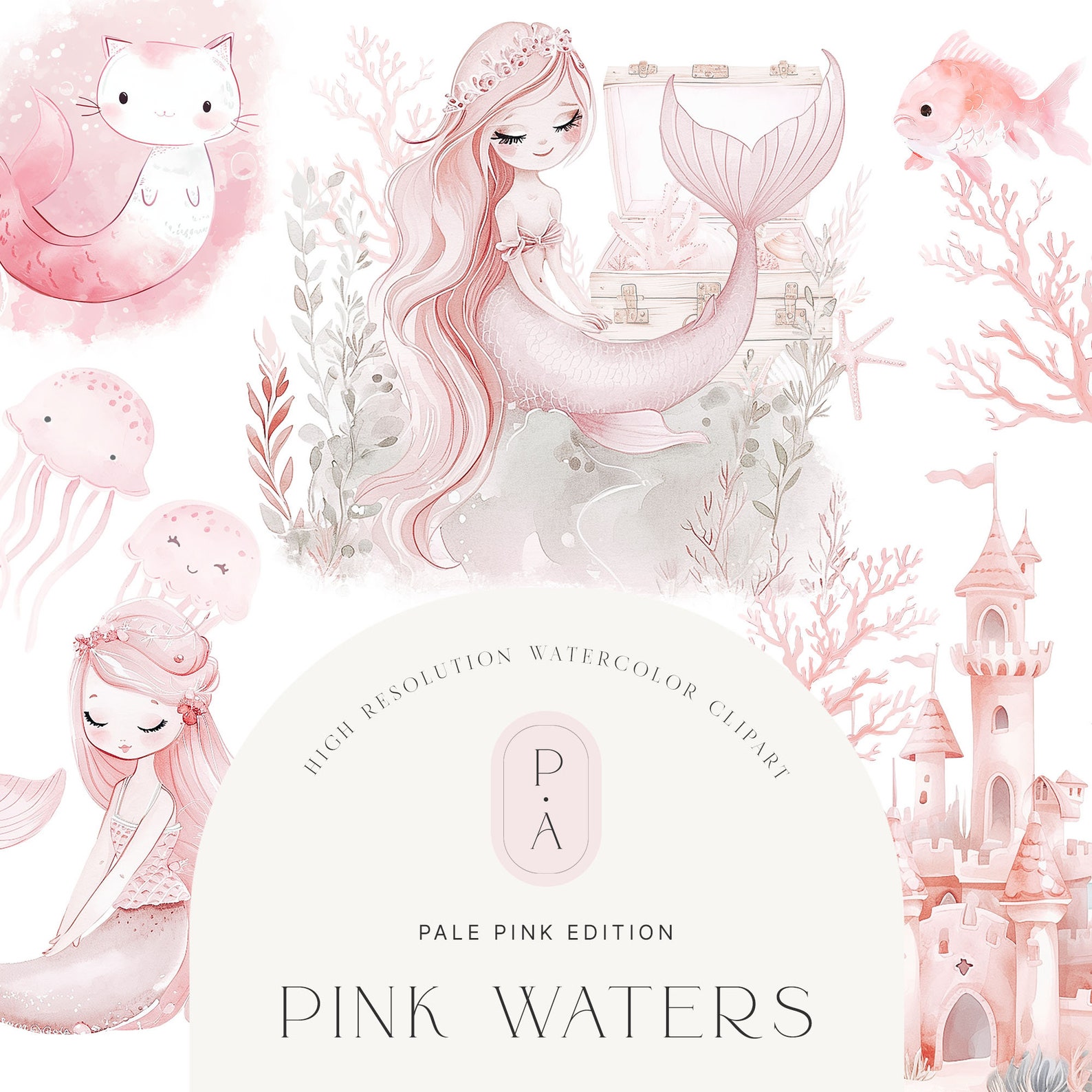 Watercolor Pink Mermaids Clipart Pink Clipart Underwater Clipart ...
