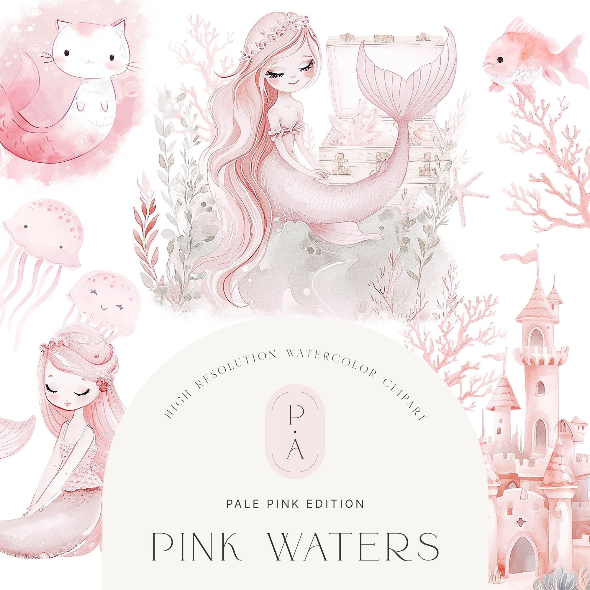 Watercolor Pink Mermaids Clipart - Pink Clipart - Underwater Clipart ...