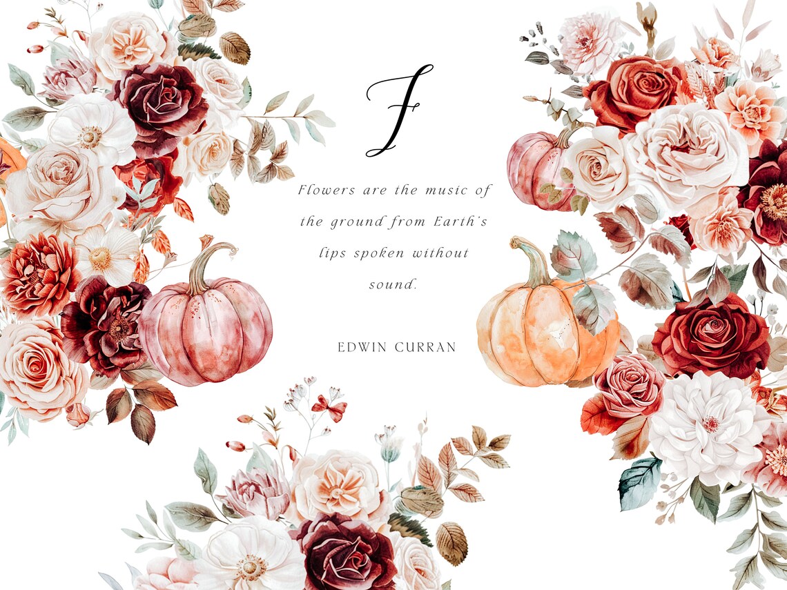 Fall Floral Clipart - Autumn Florals - Pumpkins & Flowers - Pumpkin ...