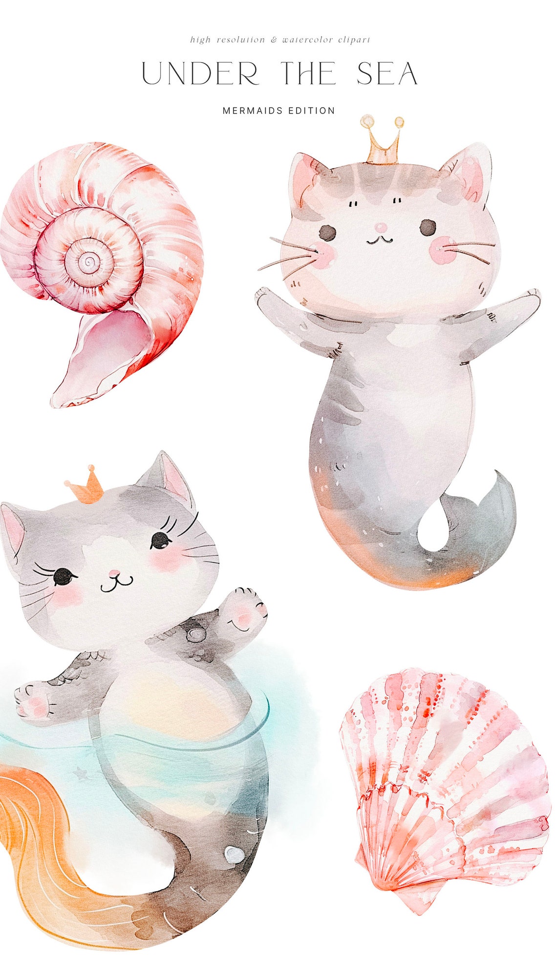 Watercolor Mermaids Clipart Underwater Clipart Nursery Cute Mermaids ...