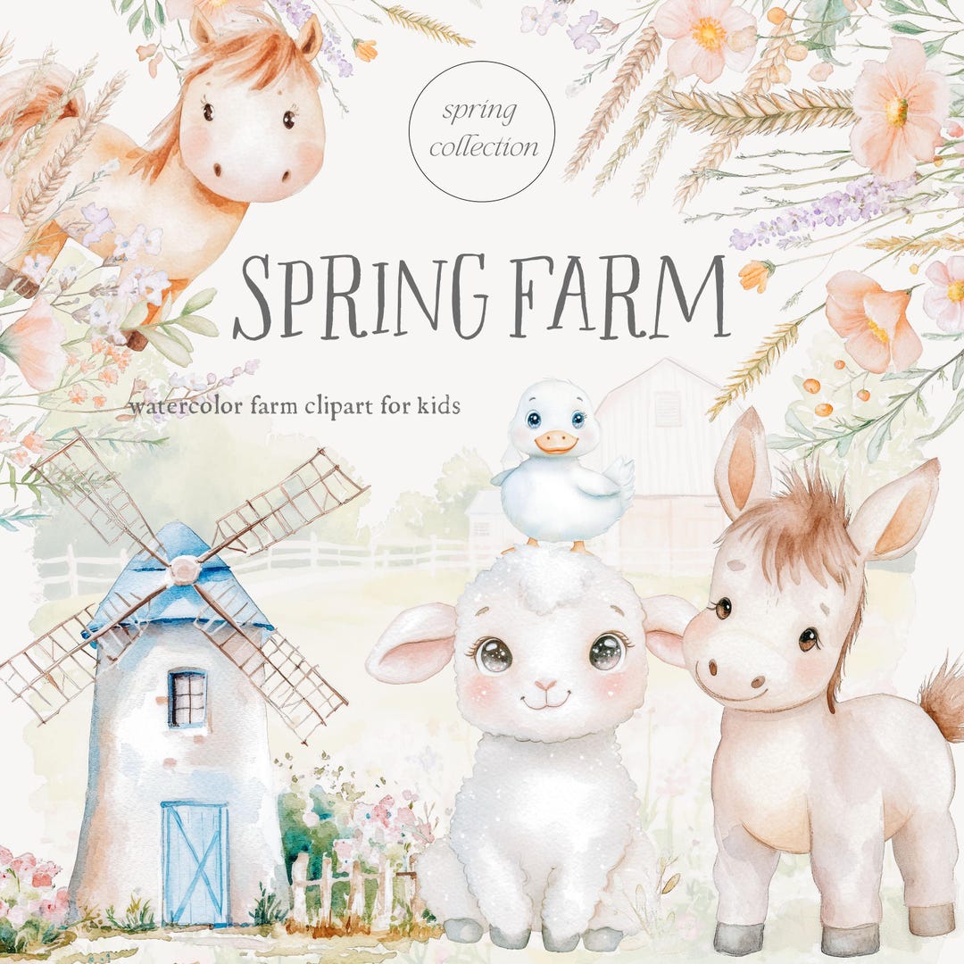 Watercolor Farm Clipart for Kids - Spring Clipart - Cute Animals - Farm ...