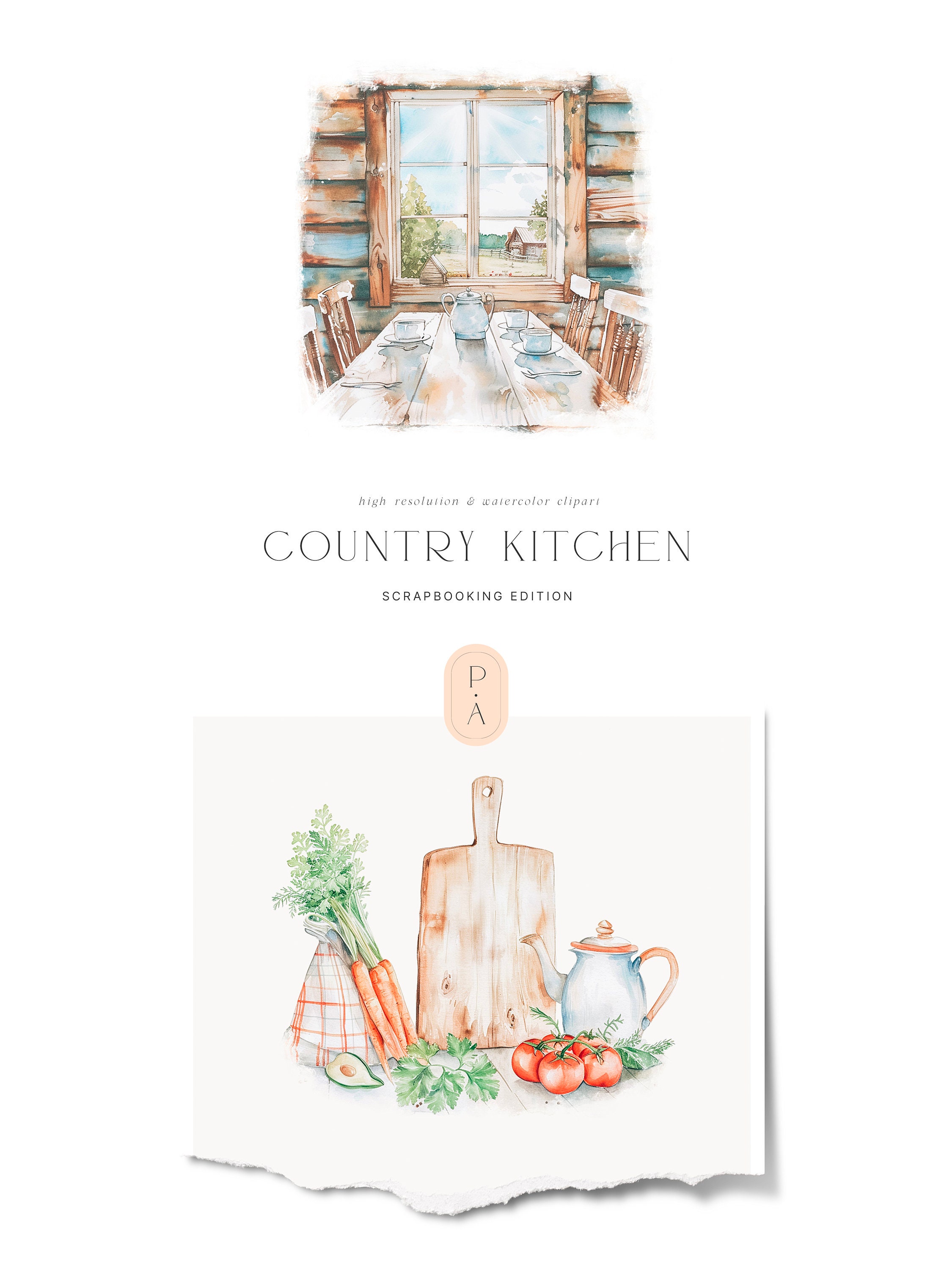 Country Kitchen Watercolor Clipart Kitchen Clipart Vintage Clipart ...