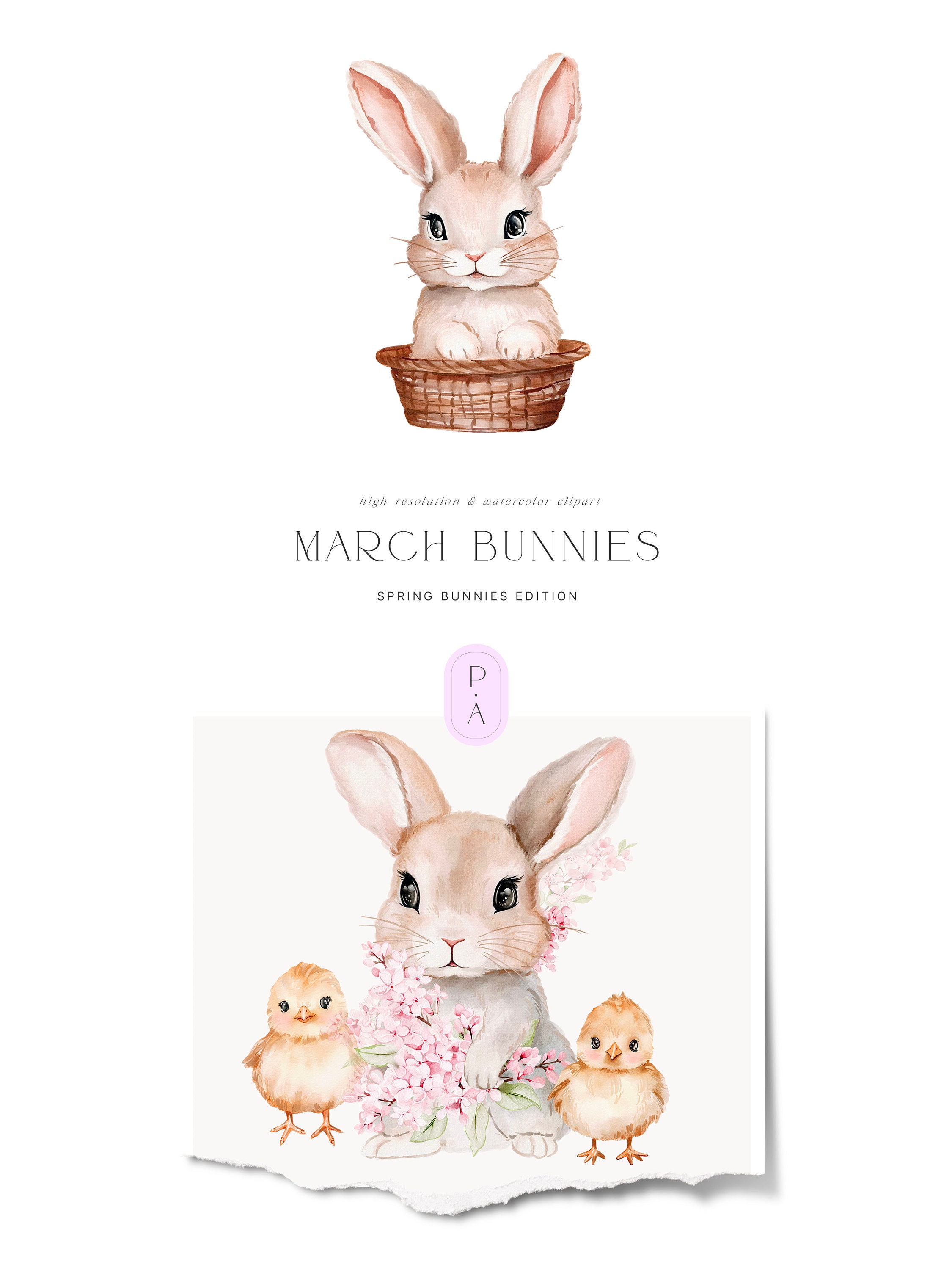 Spring Floral Bunnies Clipart Spring Bunnies Watercolor Floral Bunnies ...
