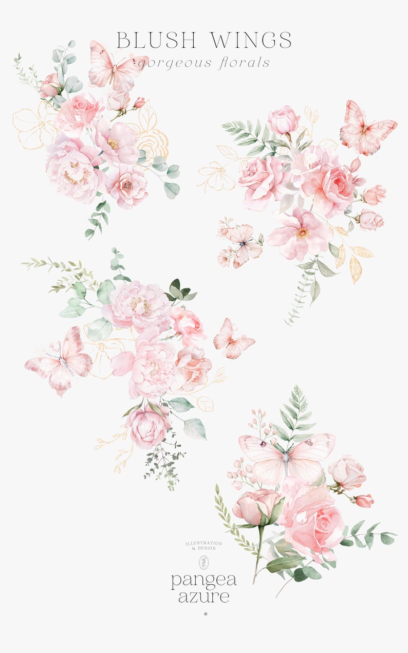 Watercolor Blush Flowers With Butterflies - Blush Peonies - Dusty Pink ...