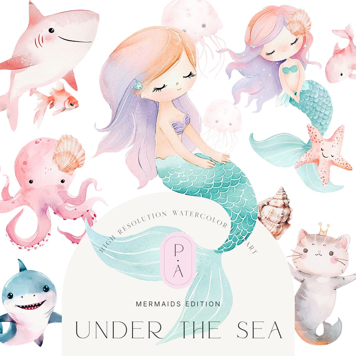 Watercolor Mermaids Clipart Underwater Clipart Nursery Cute Mermaids ...