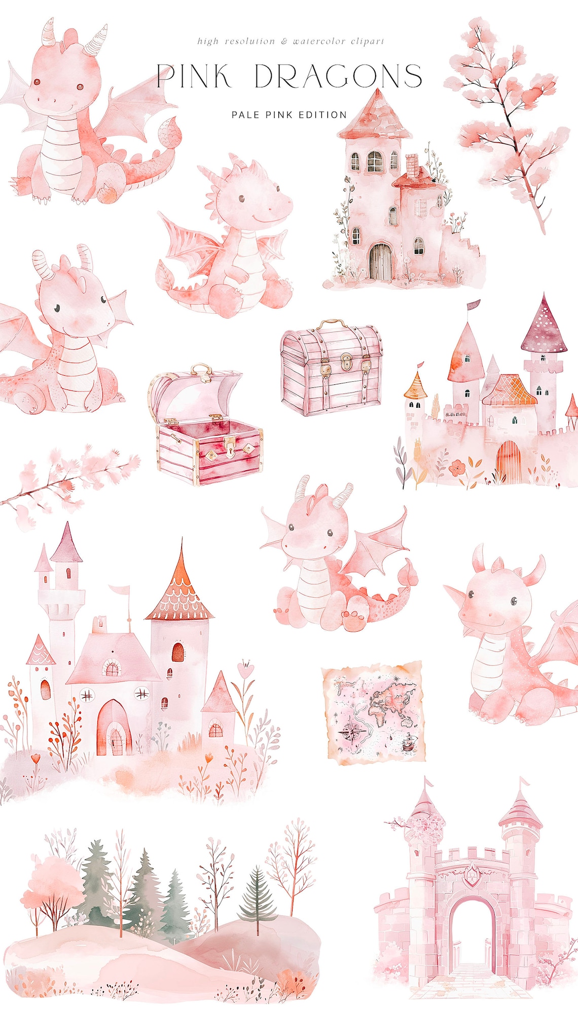 Pink Dragons Watercolor Clipart Dragon Clipart Pink Kingdom Clipart ...