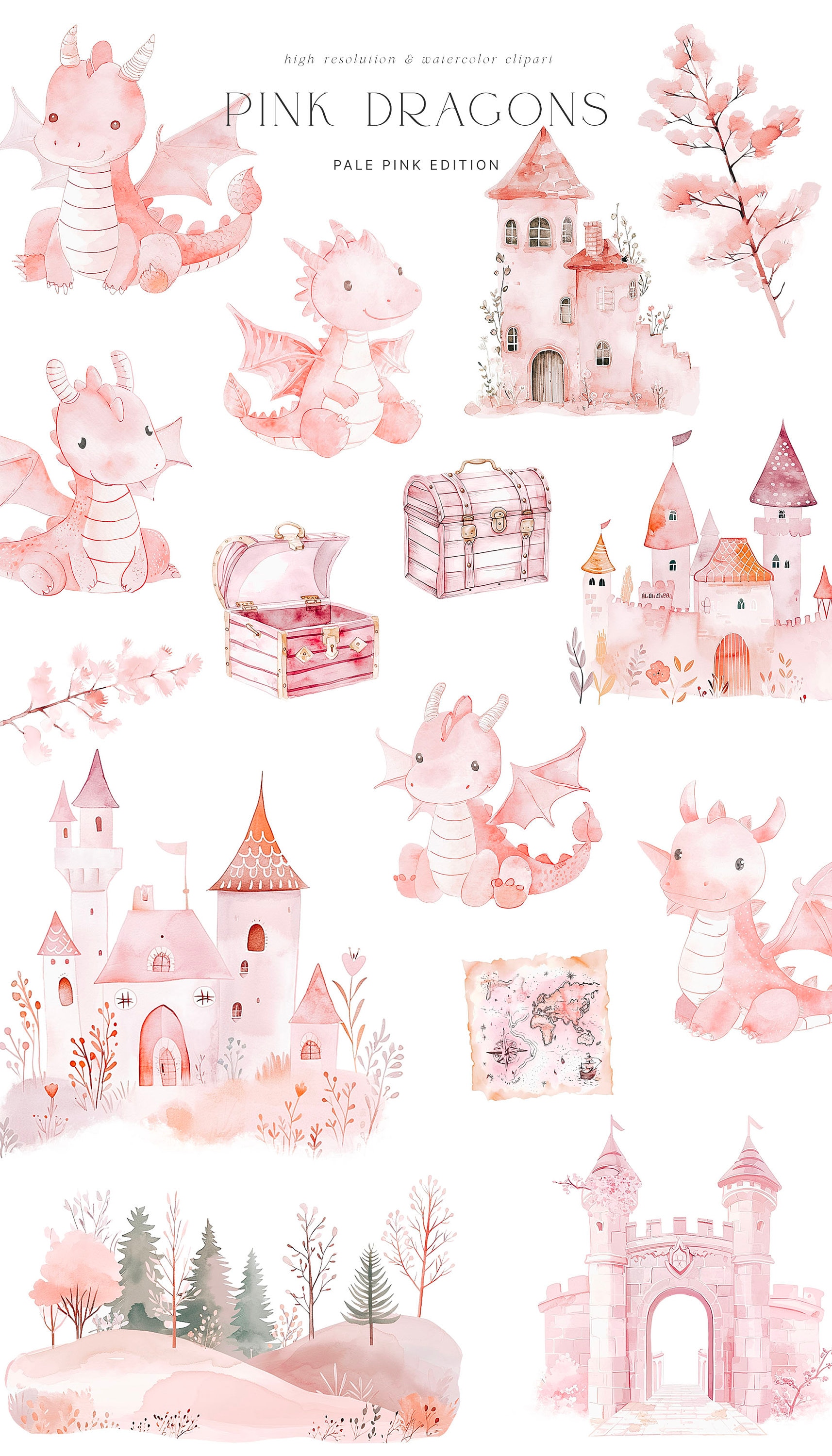 Pink Dragons Watercolor Clipart Dragon Clipart Pink Kingdom Clipart ...
