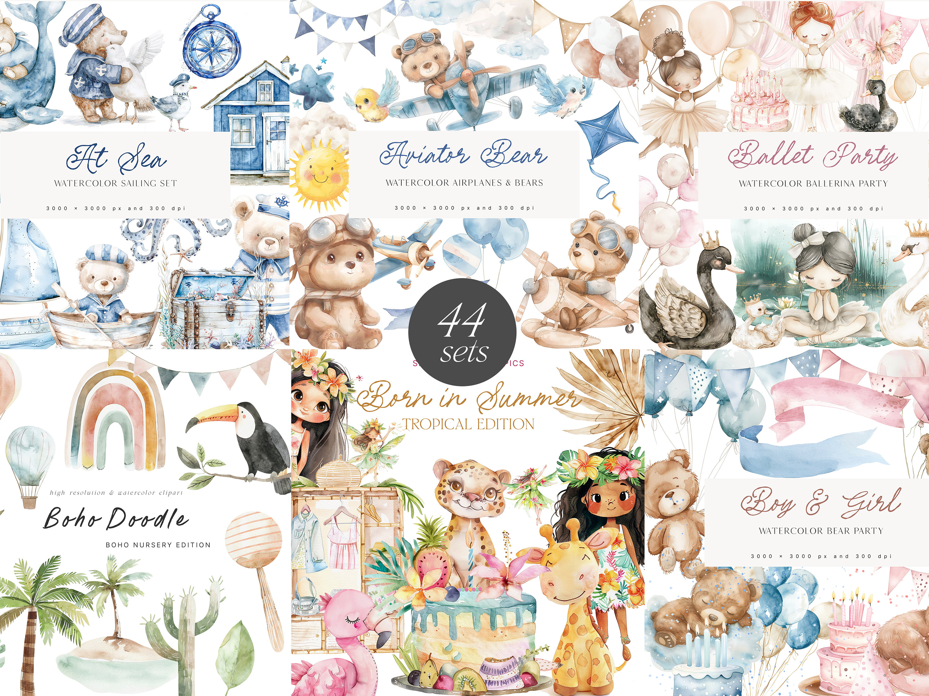 Watercolor Nursery Bundle Kids Party Graphic Sets Pangea Azure Bundle ...