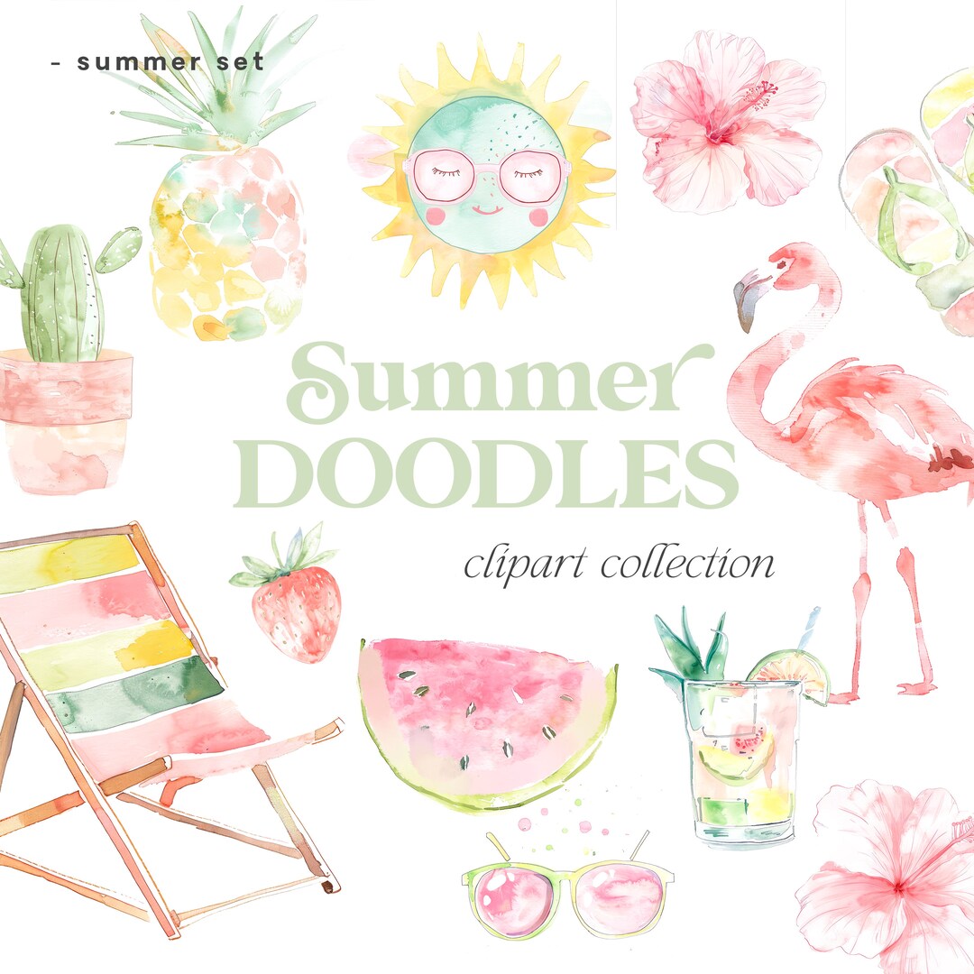 Watercolor Summer Doodle Clipart Set - Summer Collection of Elements ...
