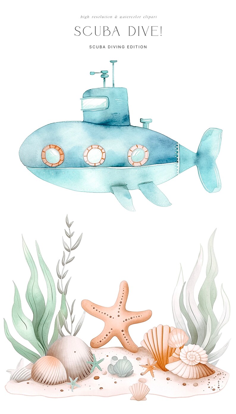 Cute Scuba Diving Watercolor Clipart Scuba Dive Clipart Underwater ...