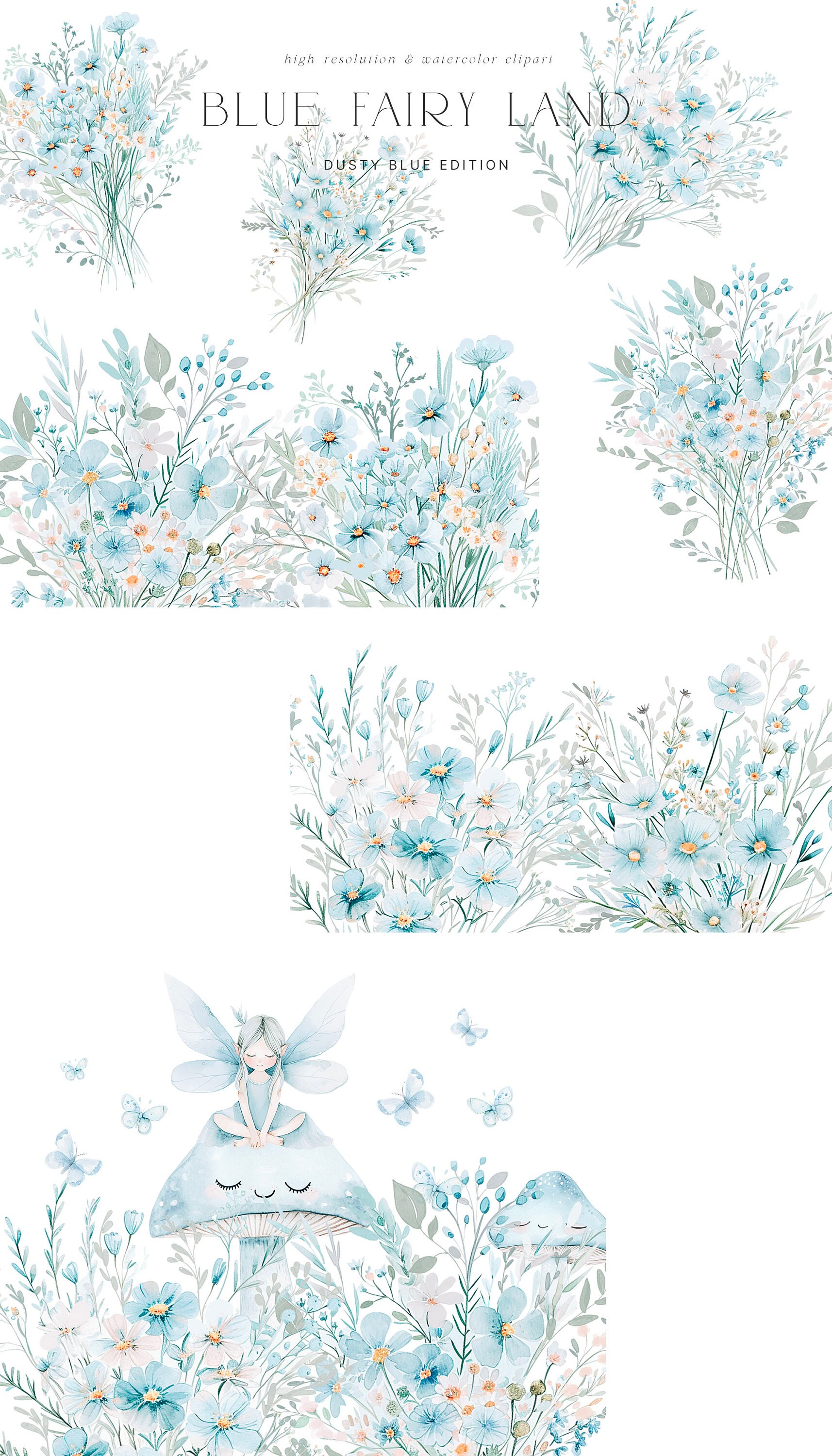 Watercolor Dusty Blue Fairies Clipart - Fairy Clipart - Dusty Blue ...