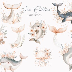 Watercolor Sea Creatures Clipart Set - Floral Sea Animals - Cute Sea ...