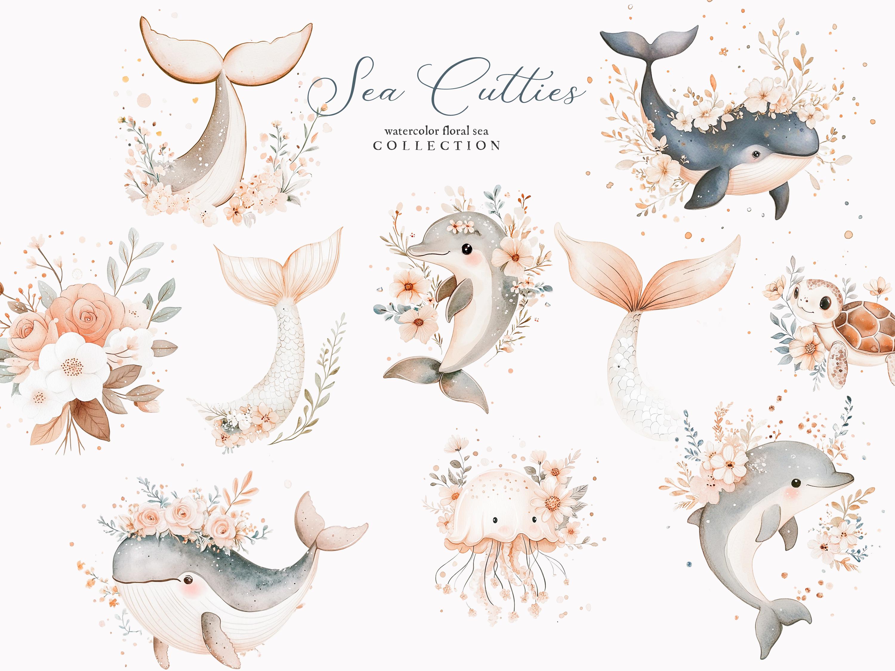 Watercolor Sea Creatures Clipart Set - Floral Sea Animals - Cute Sea ...
