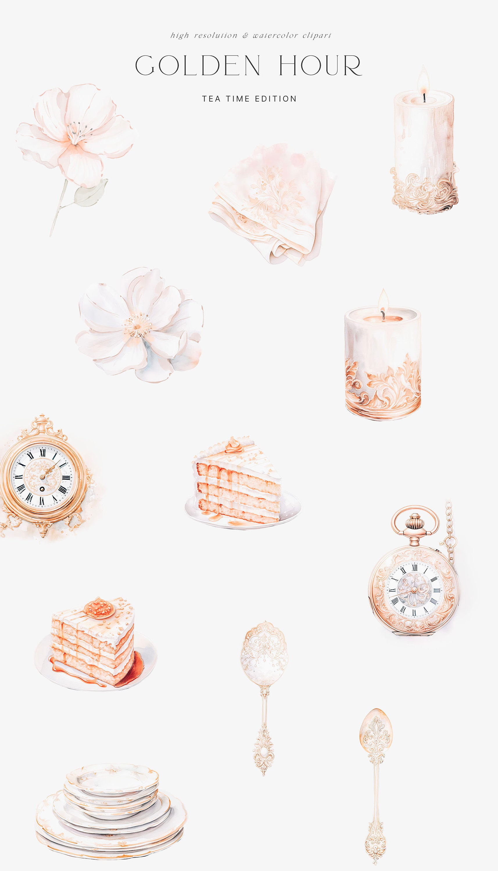 White Tea Time Clipart Watercolor Clipart Watercolor Tea Set Gold and ...