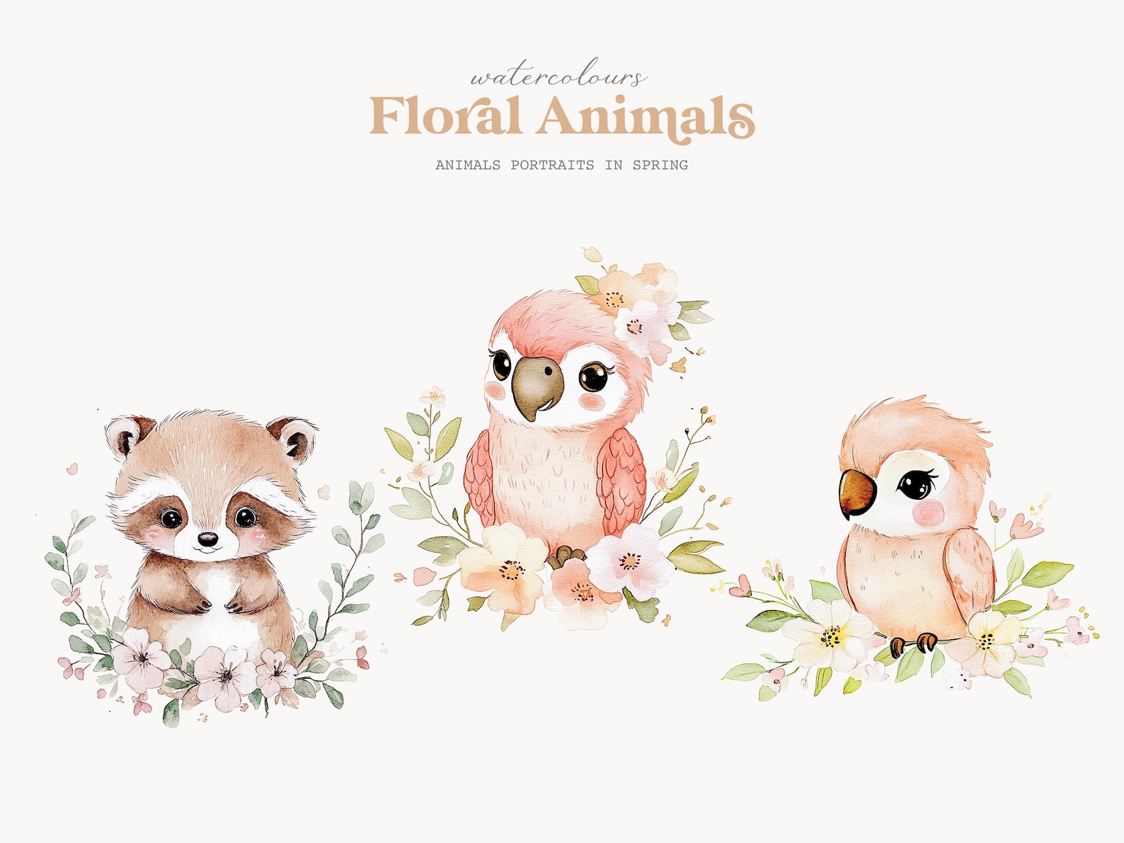 Watercolor Animals Portraits With Flowers - Spring Animals With Flowers ...