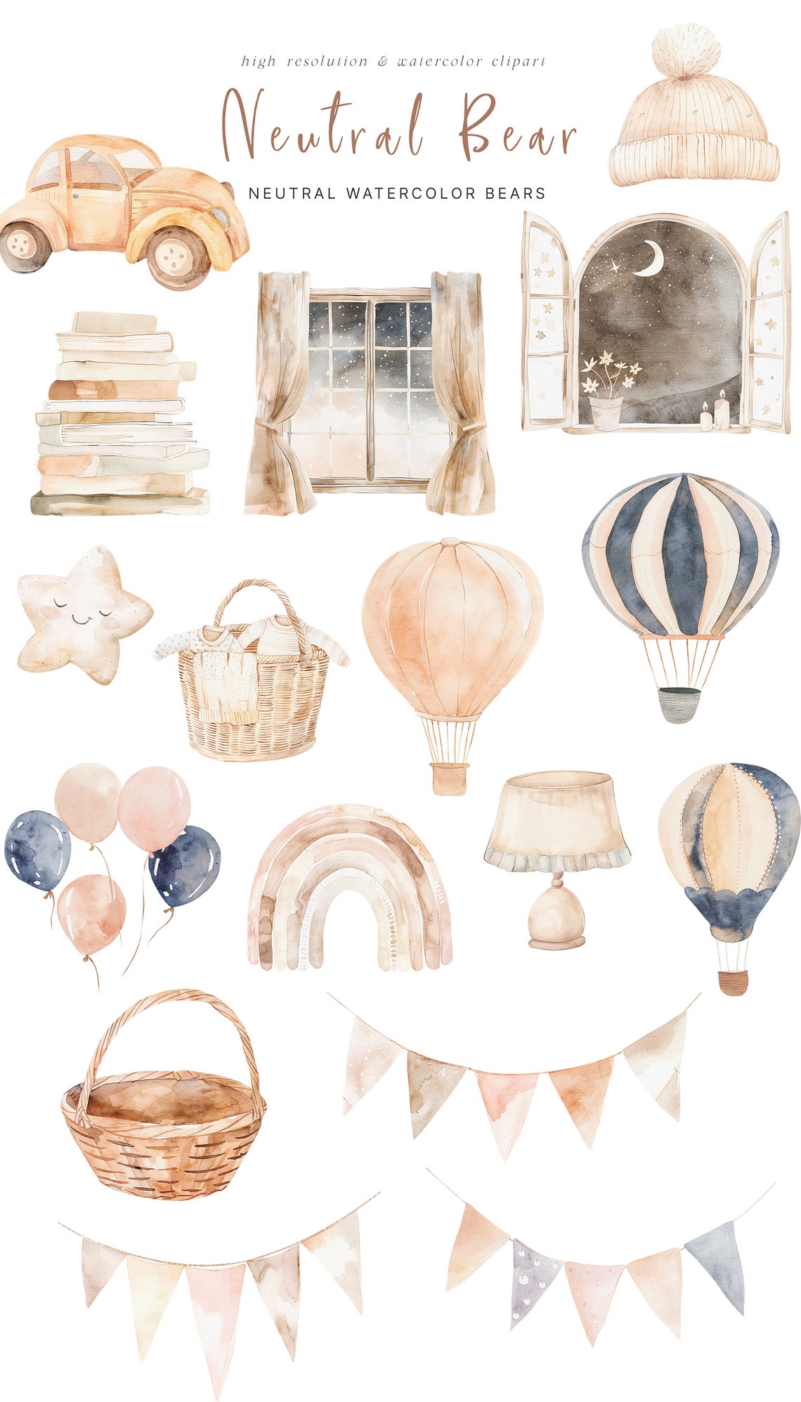Neutral Bear Clipart Set Watercolor Bears Teddy Bears Sleepy Bears ...