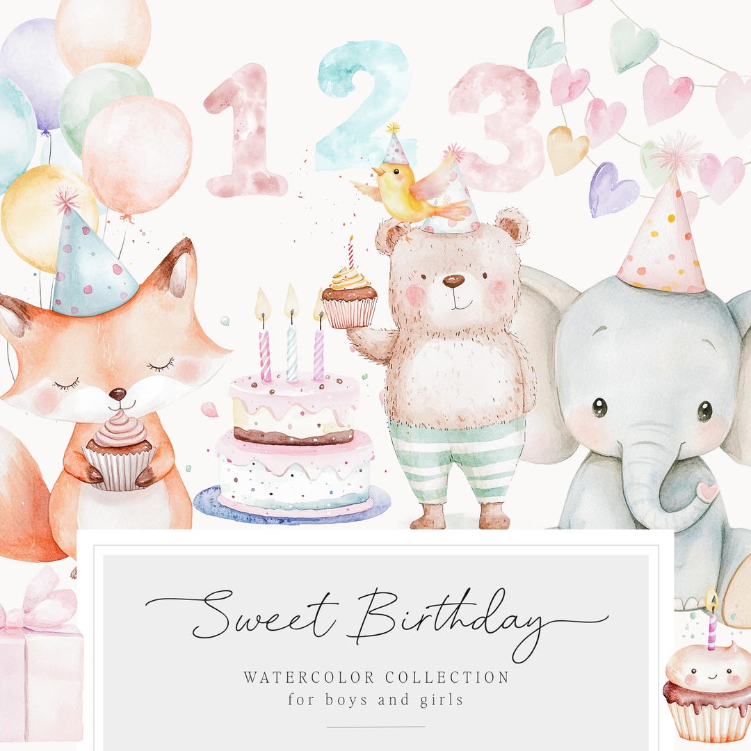 Watercolor Cute Birthday Clipart Collection With Cute Watercolor ...