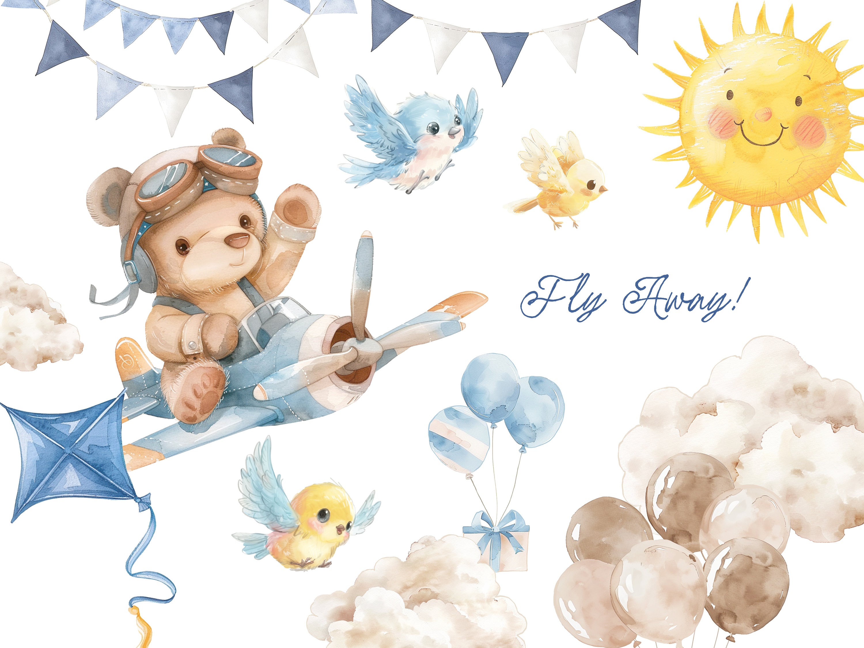 Cute Aviator Bear Clipart - Airplanes & Bears - Watercolor Bears - Cute ...