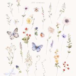 Watercolor Wild Summer Flowers and Berries Collection - Prairie Meadow ...