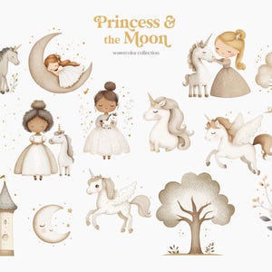 Watercolor Princess and Unicorn Clipart - Moon and Princess Clipart ...