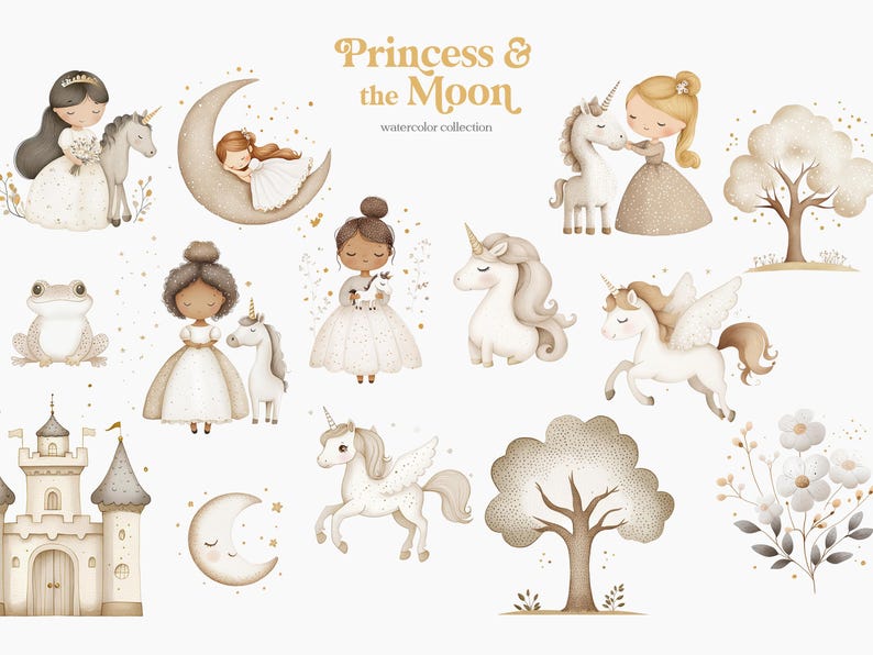 Watercolor Princess and Unicorn Clipart - Moon and Princess Clipart ...