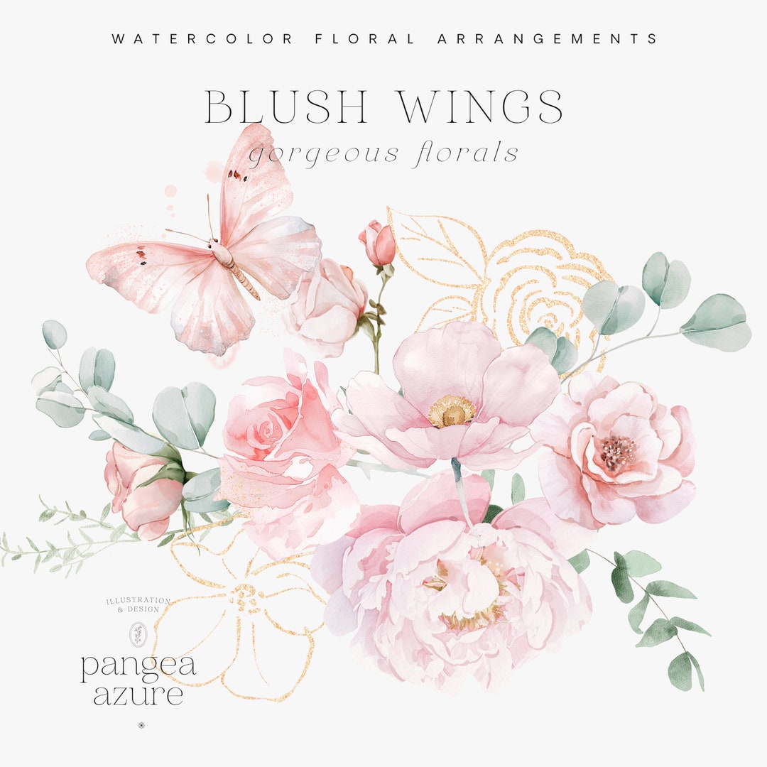 Watercolor Blush Flowers With Butterflies - Blush Peonies - Dusty Pink ...