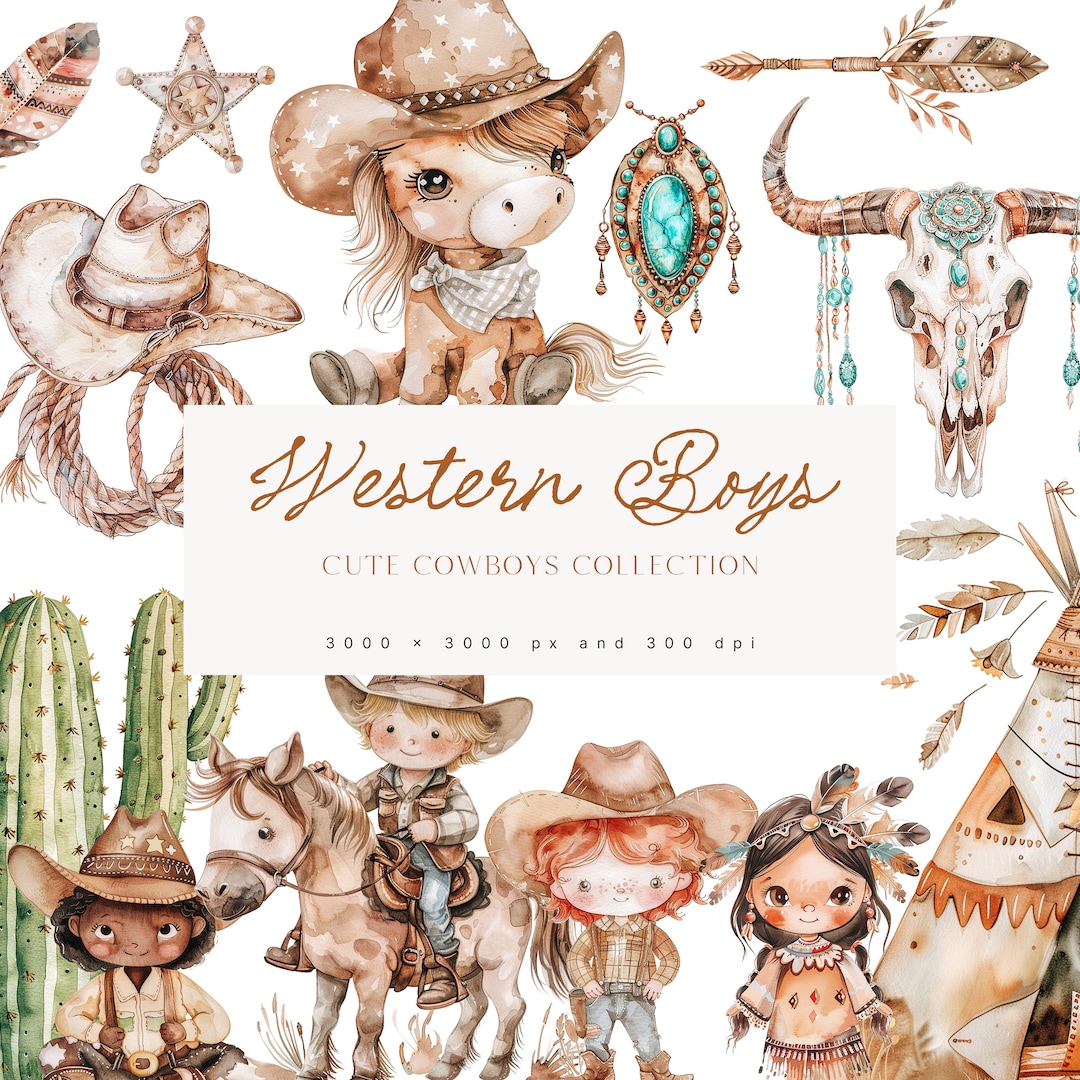 Cute Cowboys Watercolor Clipart - Watercolor Cowboys - Western Clipart ...