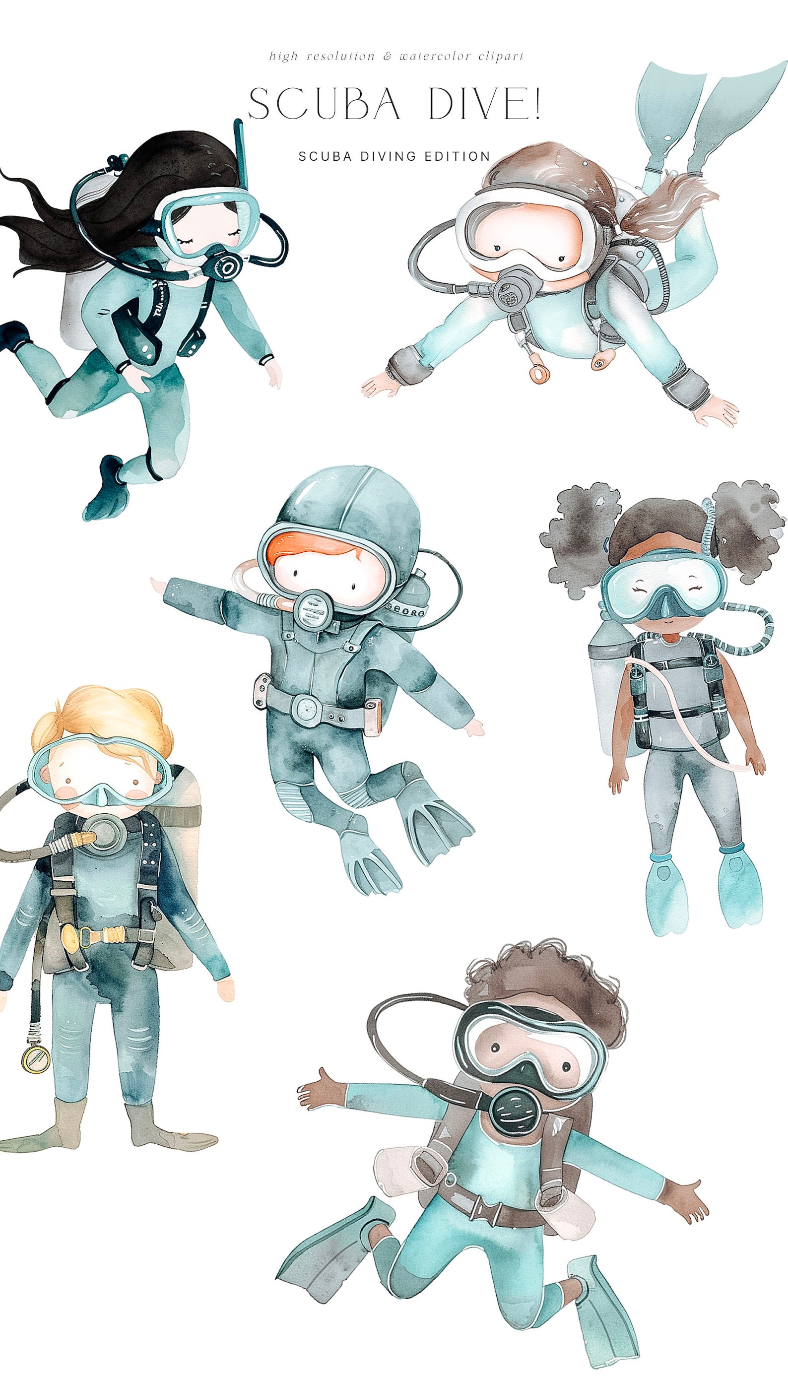Cute Scuba Diving Watercolor Clipart Scuba Dive Clipart Underwater ...