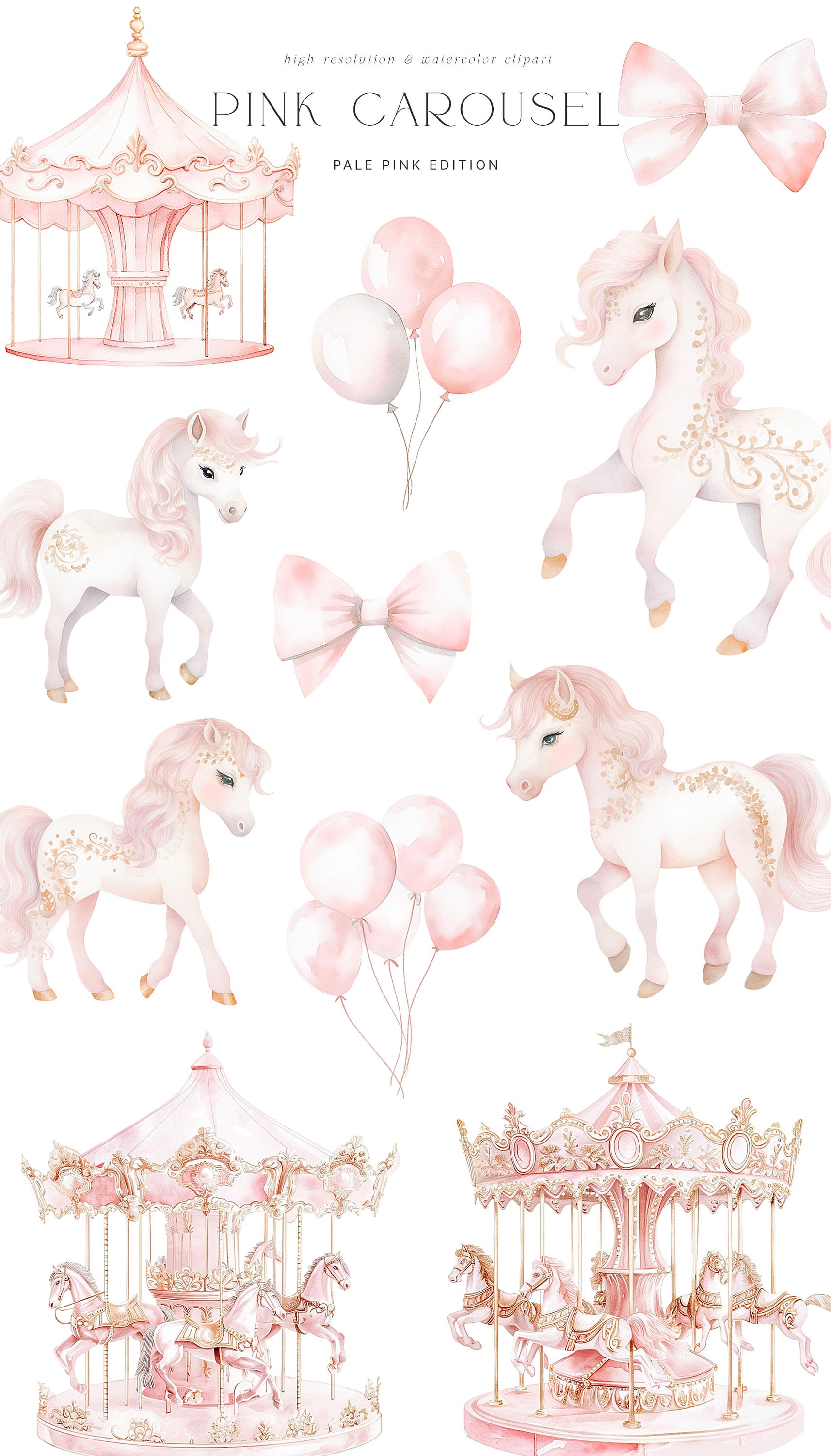 Watercolor Pink Carousel Clipart - Pony Clipart - Pale Pink - Gold ...