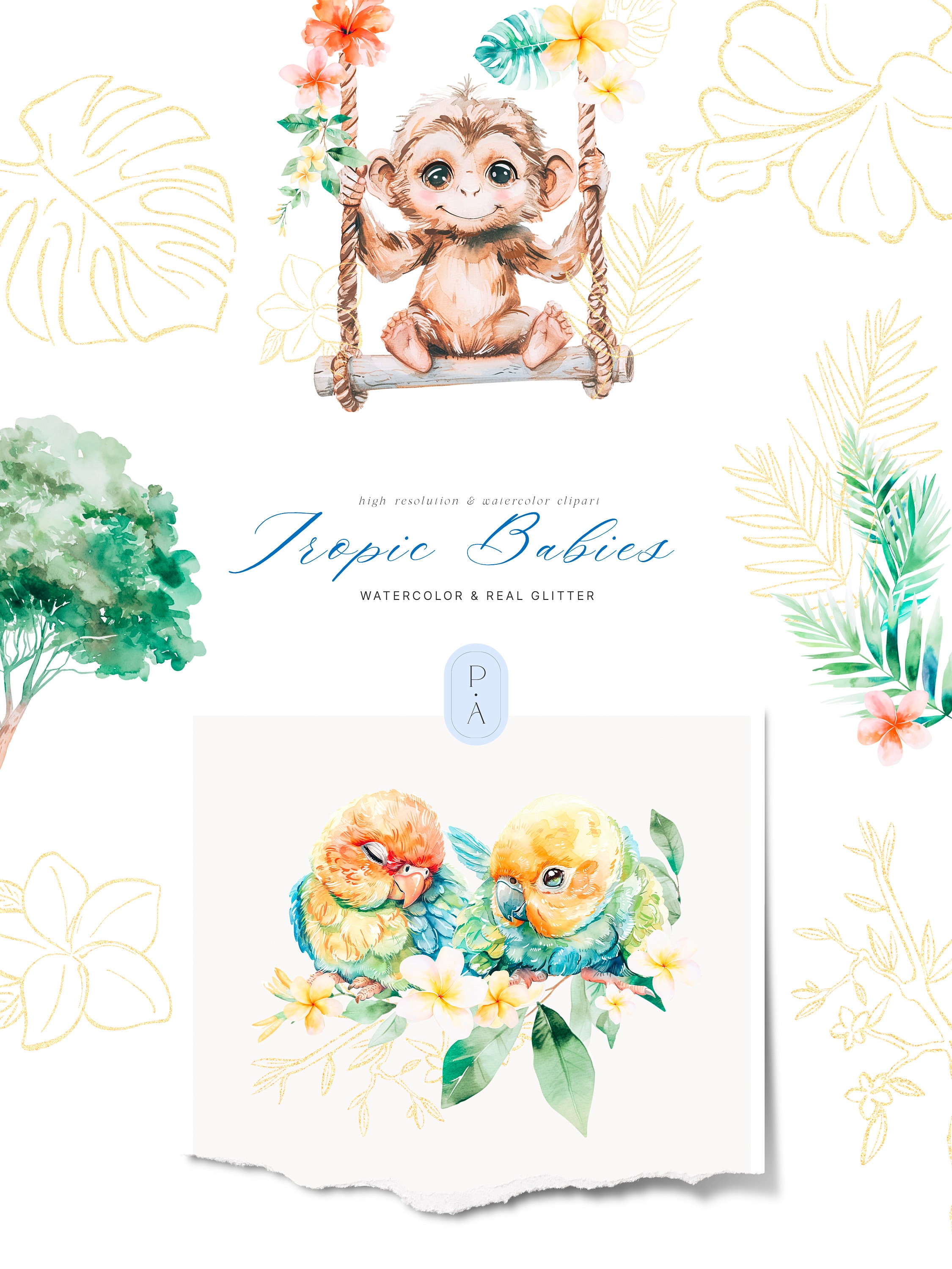 Baby Jungle Animals Watercolor Clipart Nursery Clipart Tropical Clipart ...