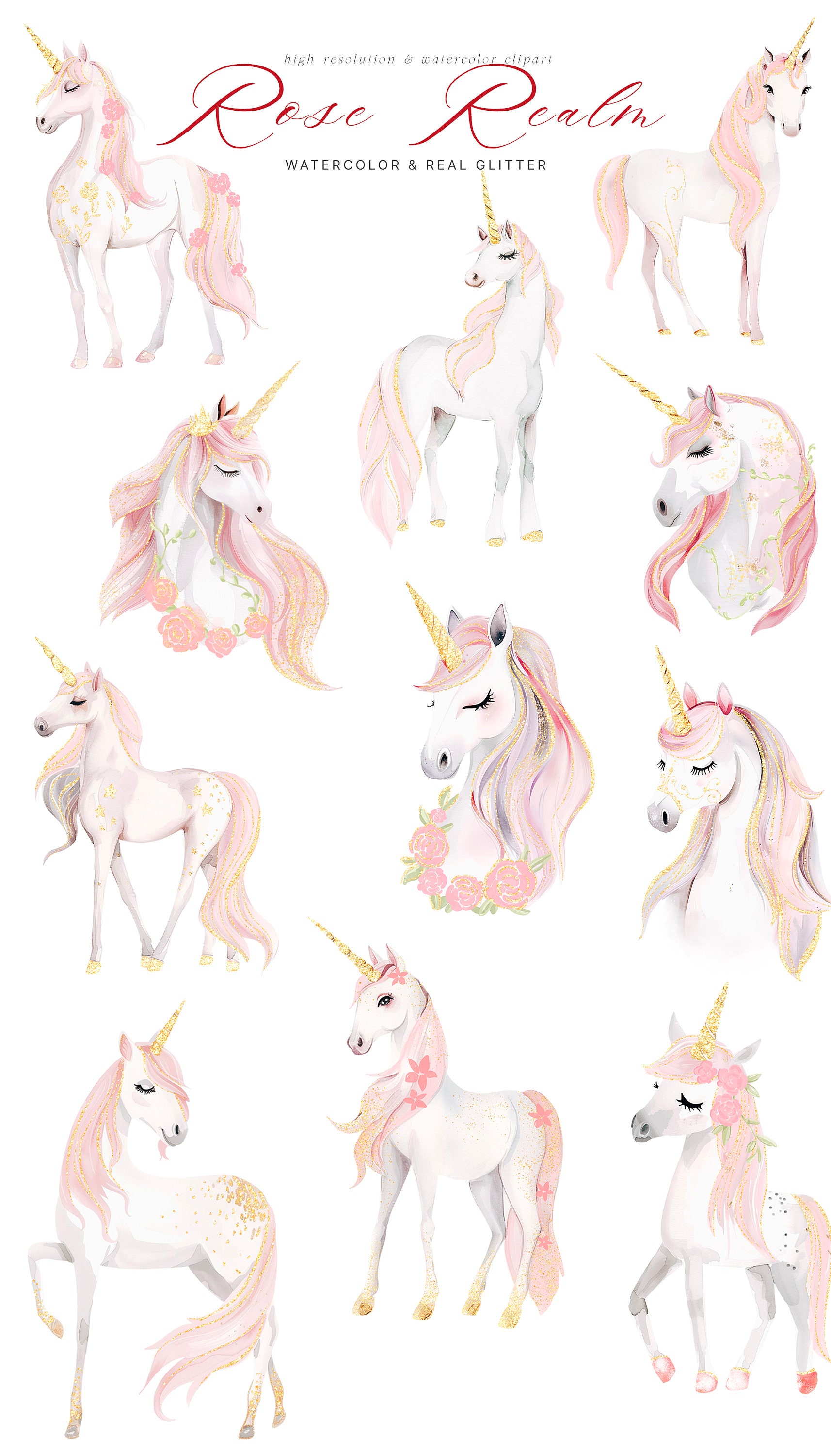 Princess & Unicorn Clipart Set Fantasy Clipart Kingdom Clipart Gold and ...