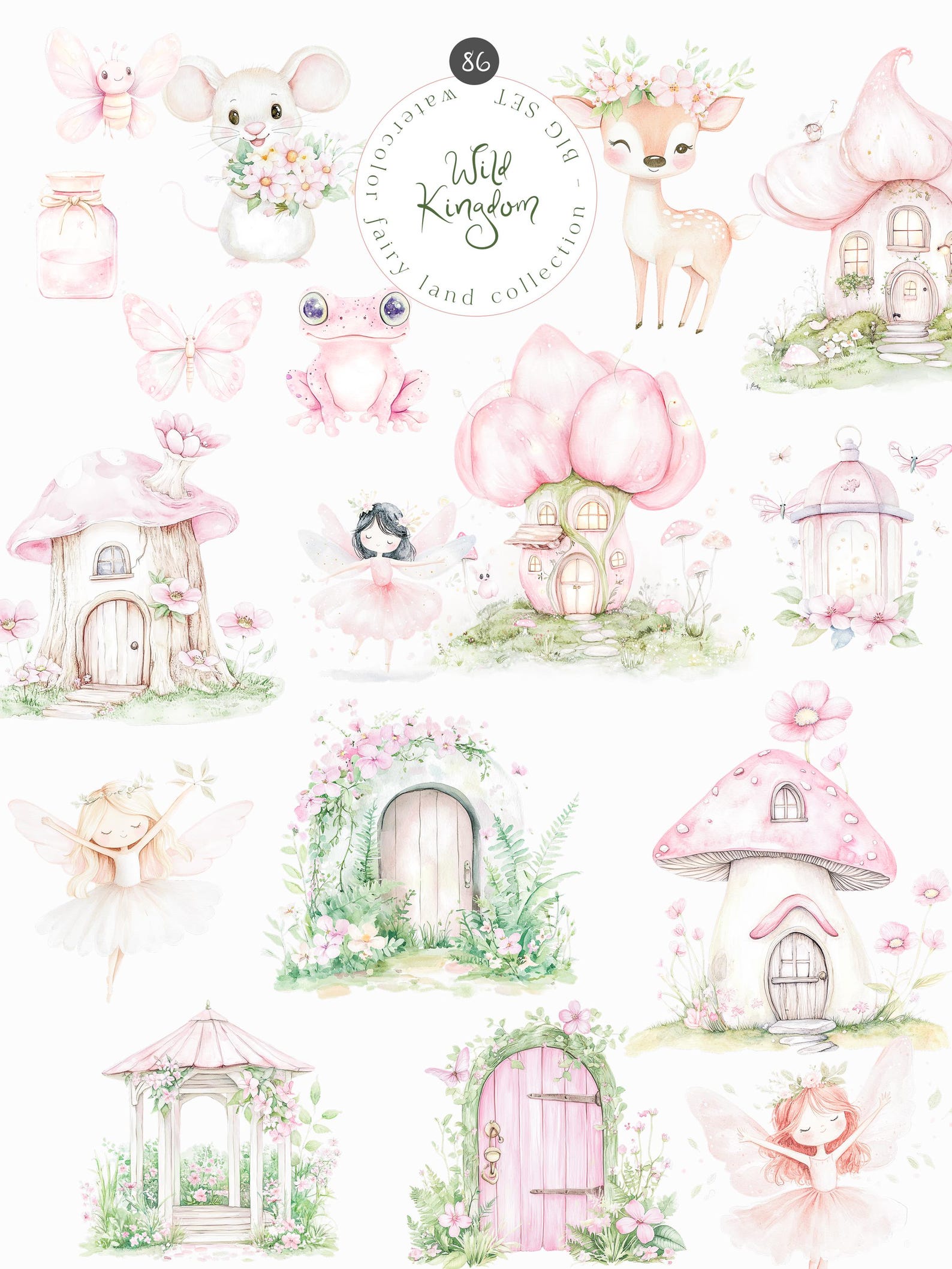 Watercolor Fairy Garden Clipart Set - Pink Fairy Land - Floral Fairy ...