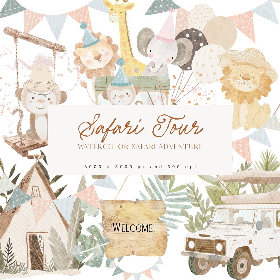 Cute Safari Animals Clipart - Watercolor Safari - Safari Tour Clipart ...