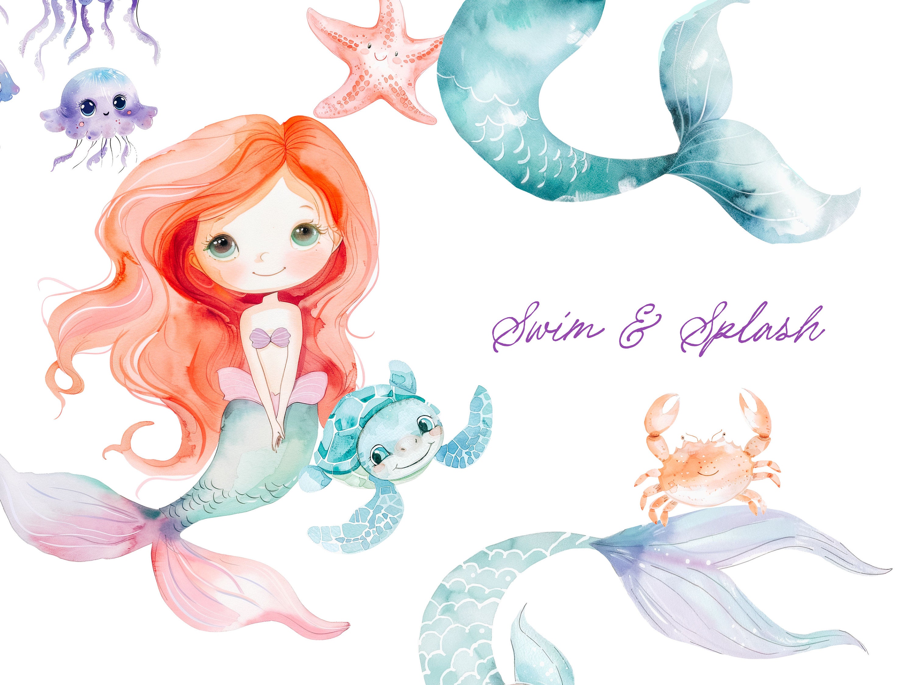 Ocean & Mermaid Clipart Watercolor Mermaids Cute Sea Creatures Sea ...