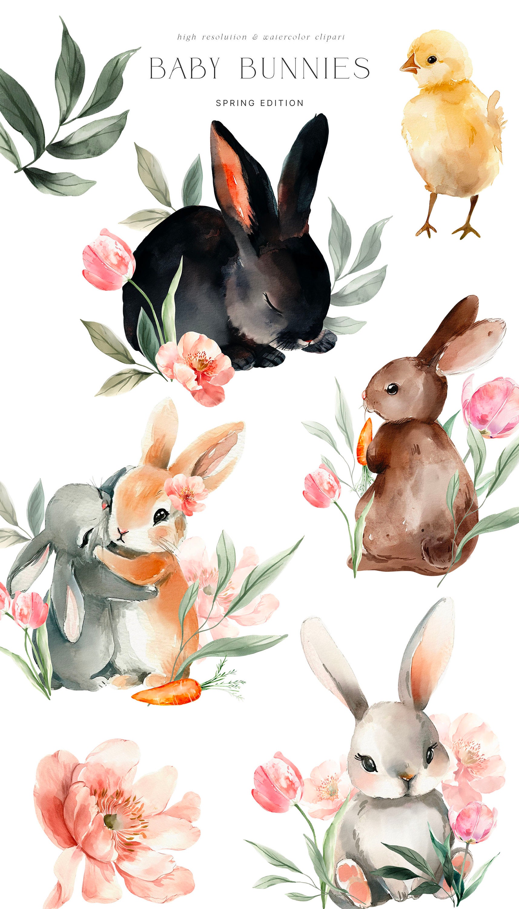 Watercolor Baby Bunnies Clipart Set Spring Bunnies Spring Florals ...