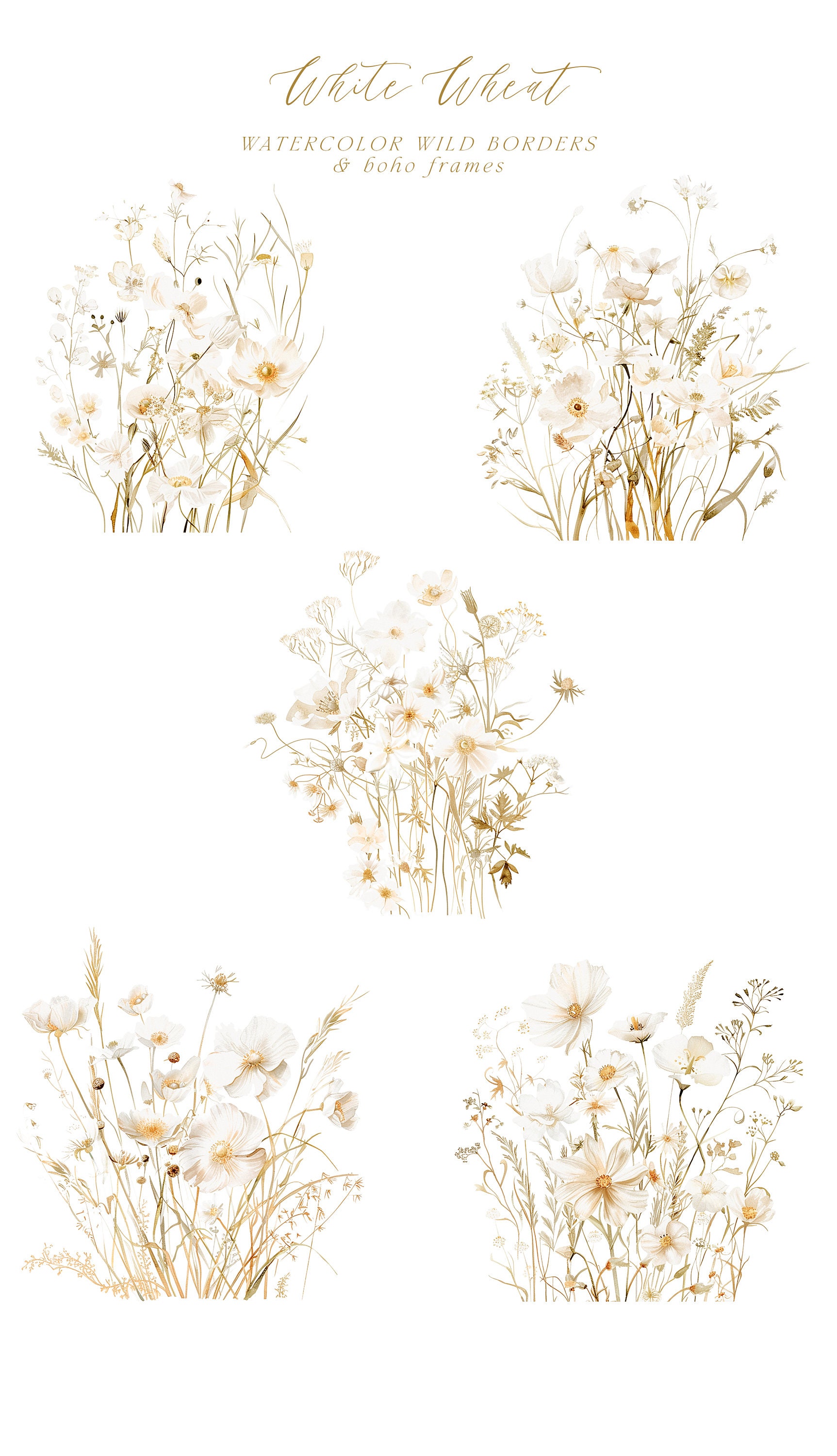 Watercolor Wild Wheat and Wild Flowers - White Wild Flowers - Bohemian ...