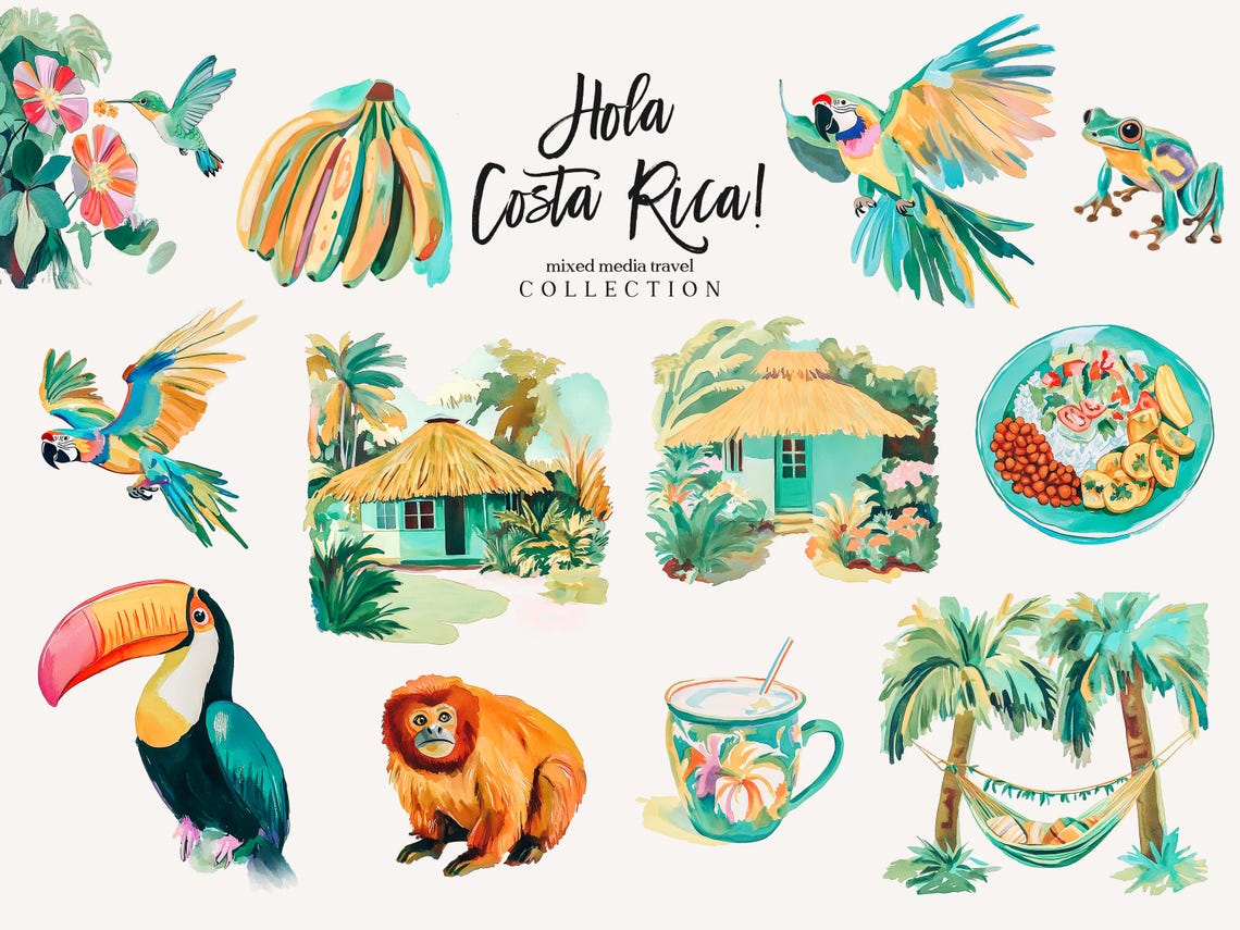 Watercolor Costa Rica Travel Clipart Set - Traveling Clipart Collection ...
