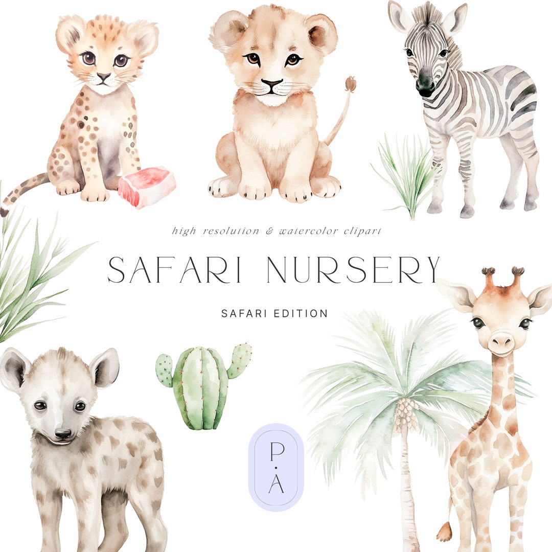 Nursery Safari Animals Clipart _ Watercolor Cute Baby Animal Clipart ...