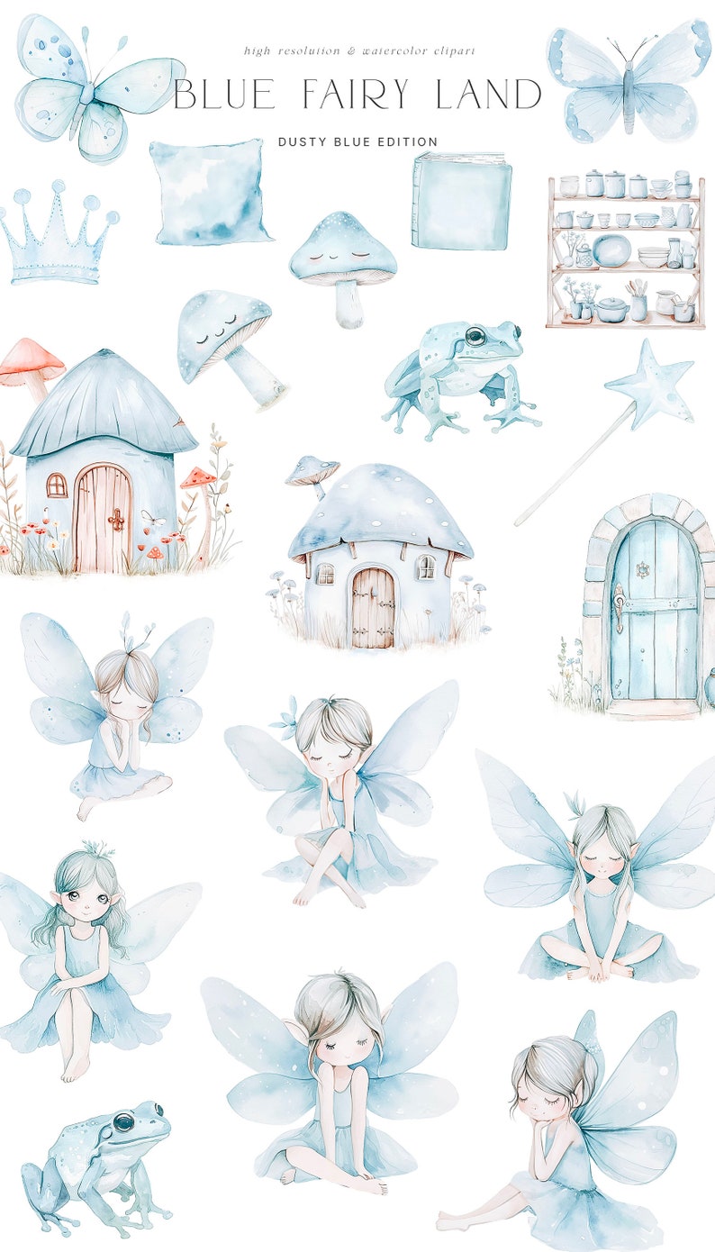 Watercolor Dusty Blue Fairies Clipart Fairy Clipart Dusty Blue Pale ...