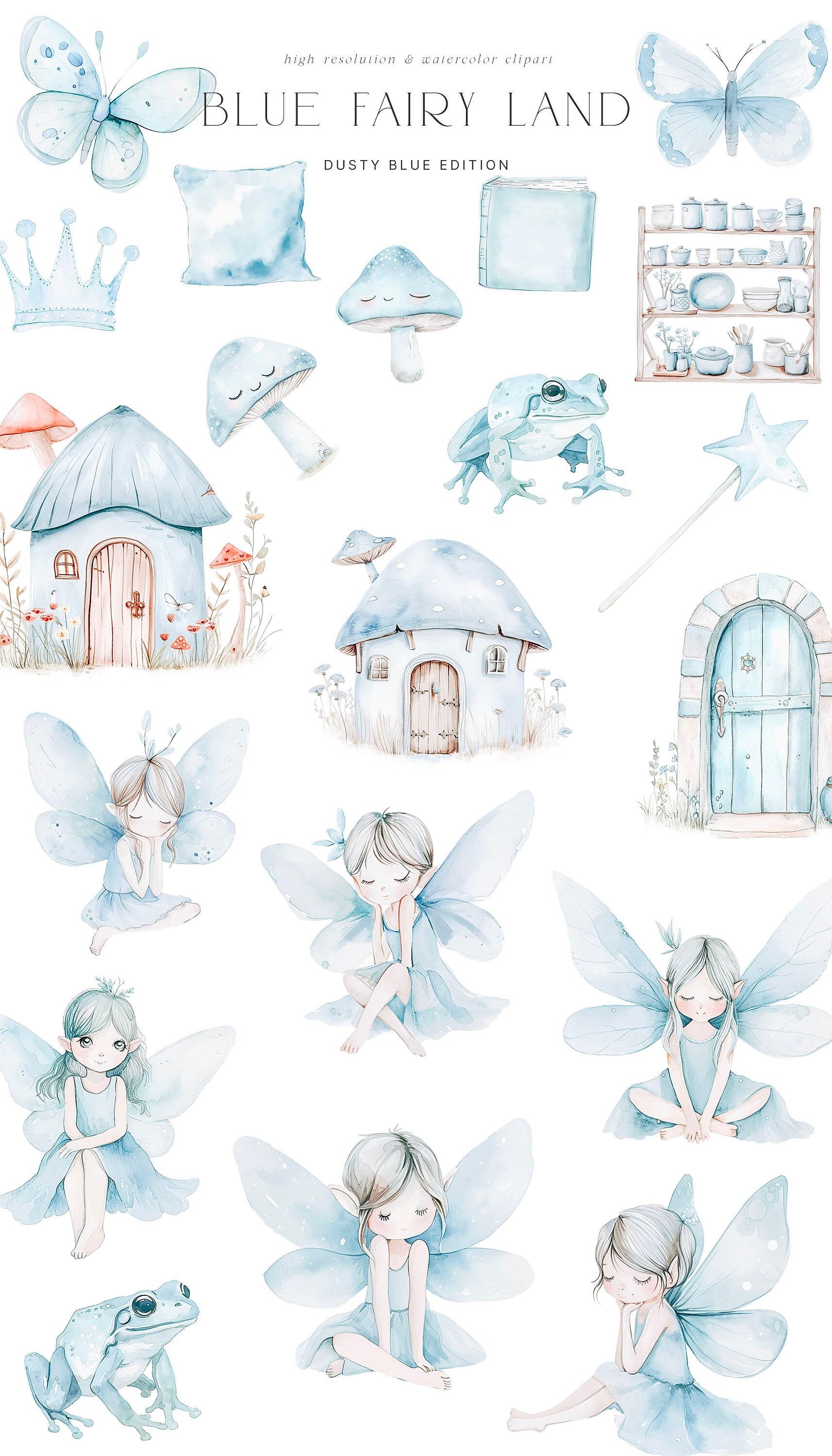Watercolor Dusty Blue Fairies Clipart Fairy Clipart Dusty Blue Pale ...