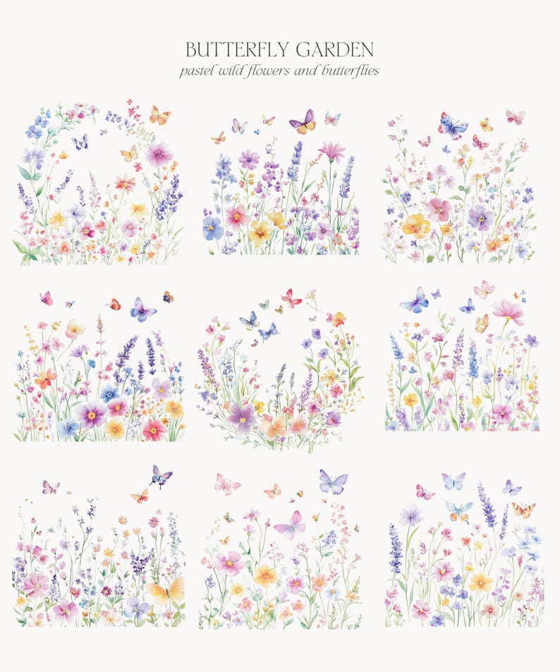 Watercolor Wild Flowers and Butterflies Clipart - Pastel Spring Flowers ...