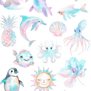Glittery Sea Creatures Watercolor Clipart - Ocean Clipart - Clipart for ...