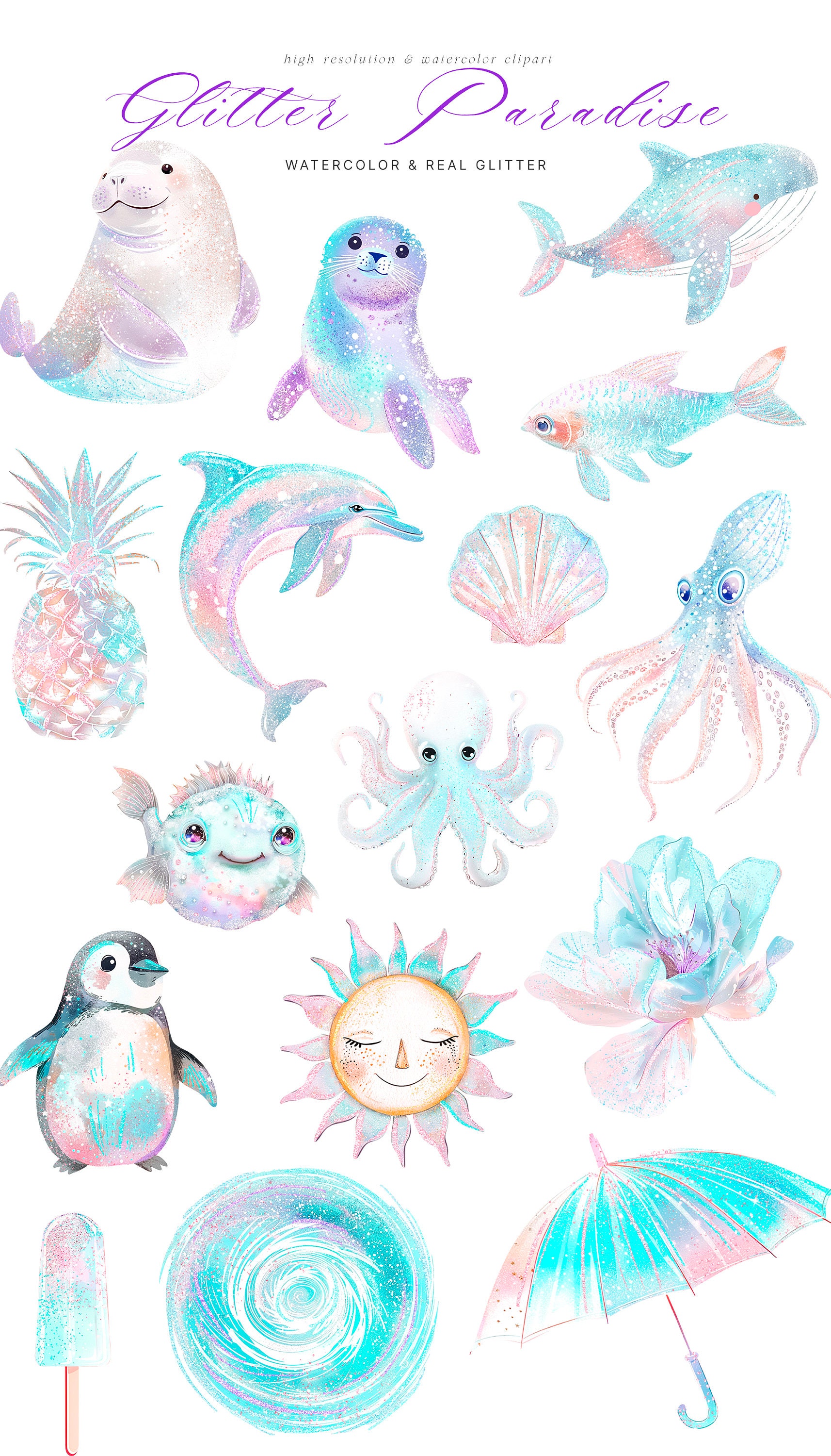 Glittery Sea Creatures Watercolor Clipart Ocean Clipart Clipart for ...