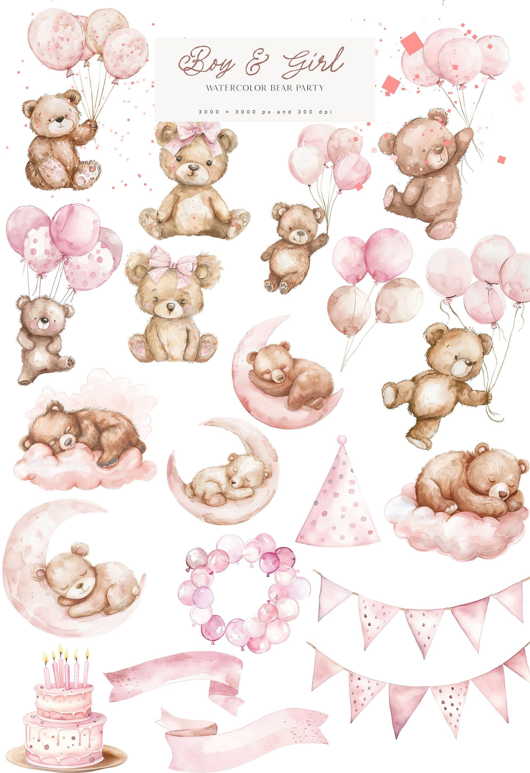 Boy & Girl Bear Clipart Cute Teddy Bears Watercolor Bears Boy Clipart ...