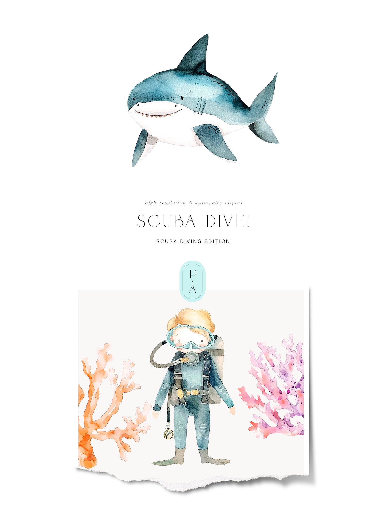 Cute Scuba Diving Watercolor Clipart Scuba Dive Clipart Underwater ...