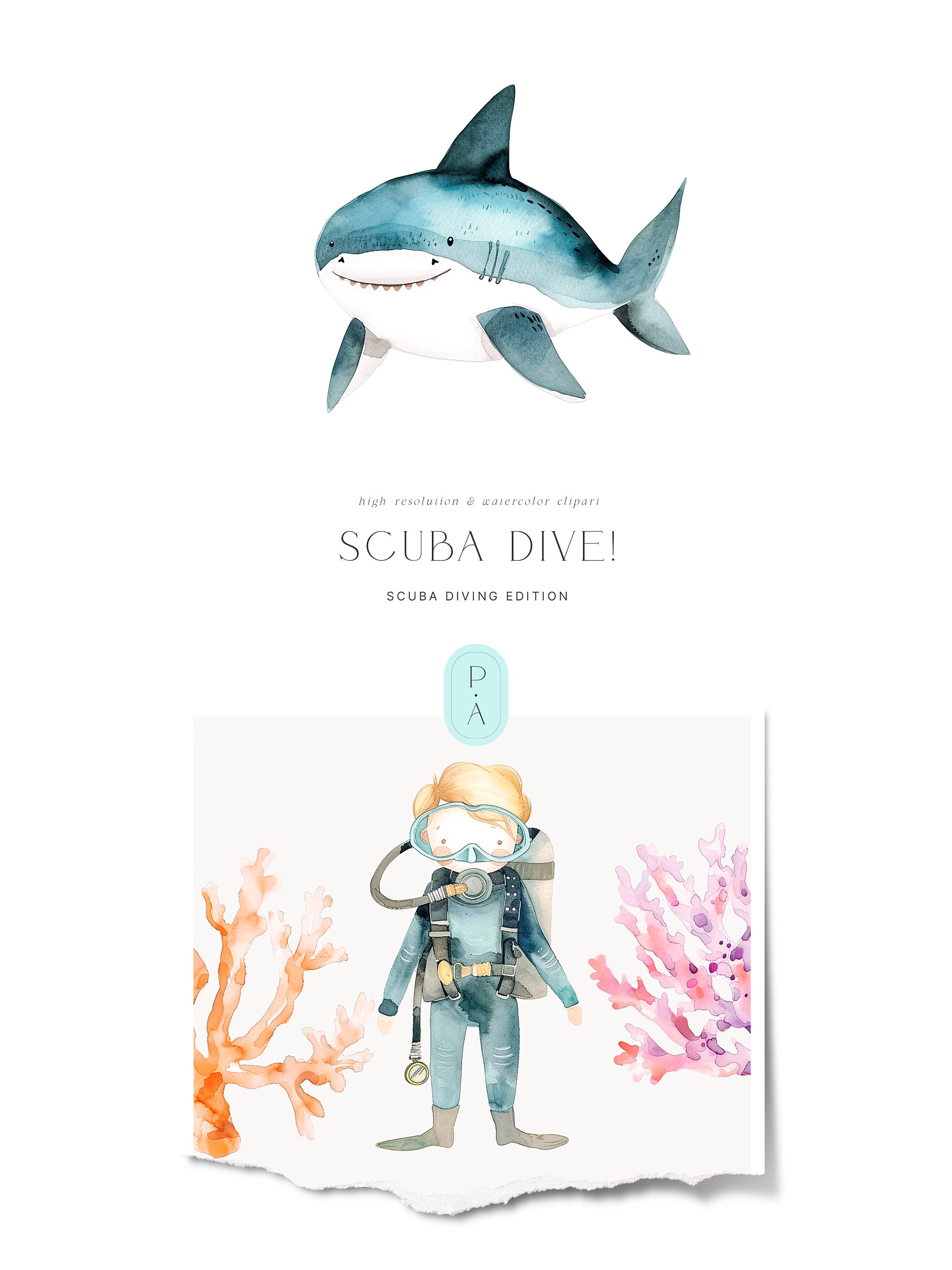 Cute Scuba Diving Watercolor Clipart Scuba Dive Clipart Underwater ...
